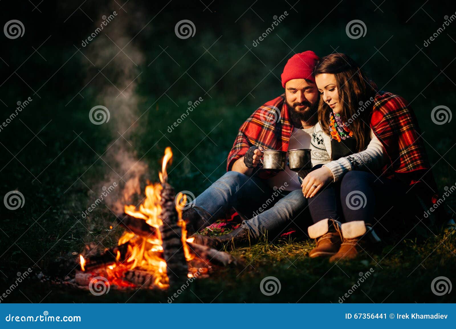 Lovers Around the Campfire at Night Stock Image - Image of nature ...