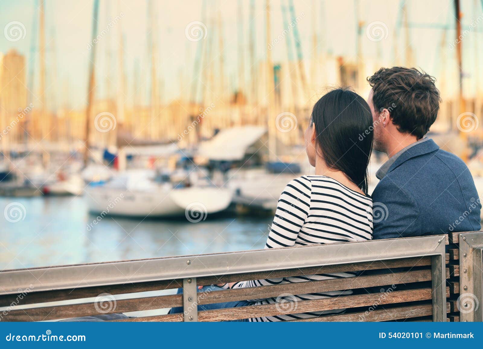 Lovers Couple Dating On Bench In Harbour Barcelona Stock Image Image