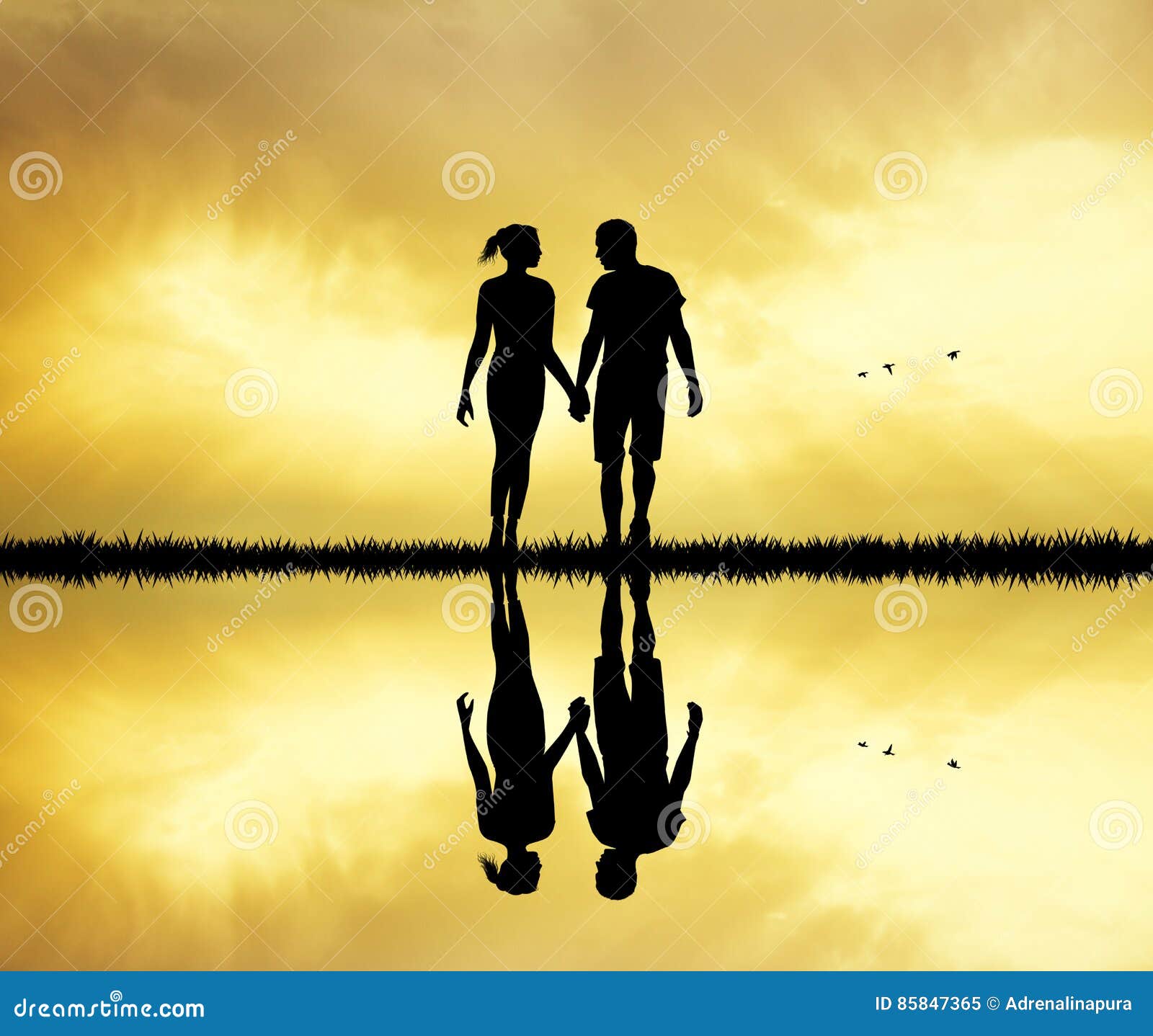Lovers couple at sunset stock illustration. Illustration of hand - 85847365