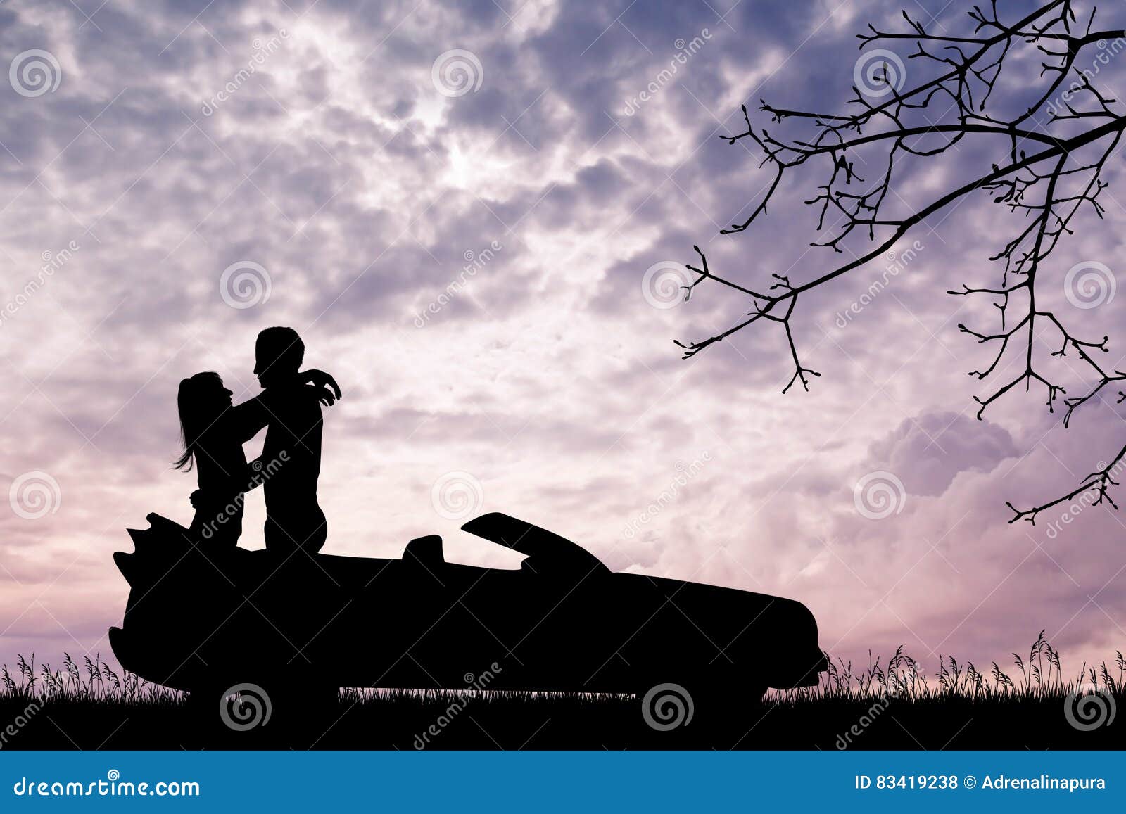 Lovers kissing on car stock illustration. Illustration of sunset - 83419238