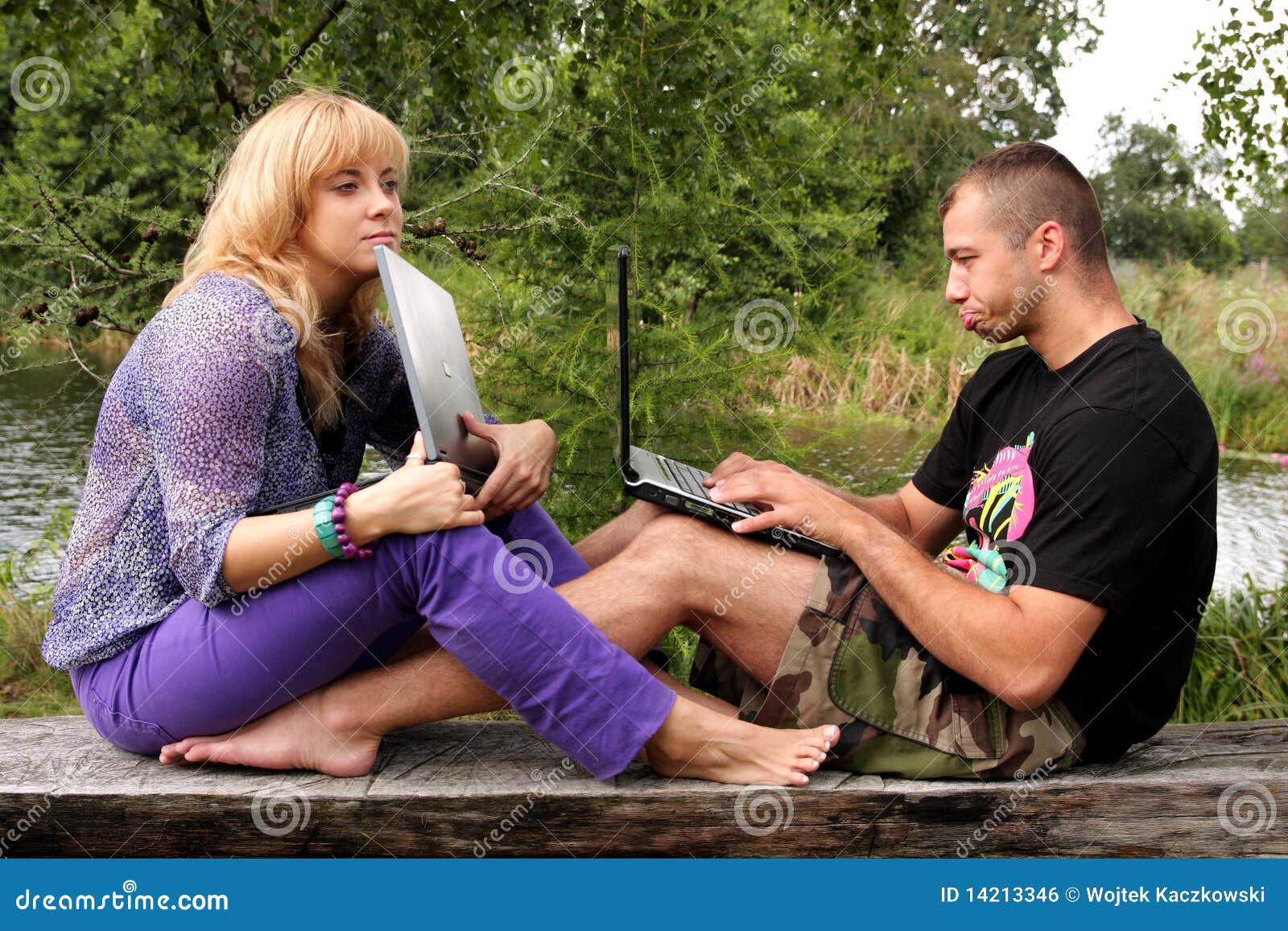 Lovers, Nature and Computer Addiction Stock Photo - Image of online ...