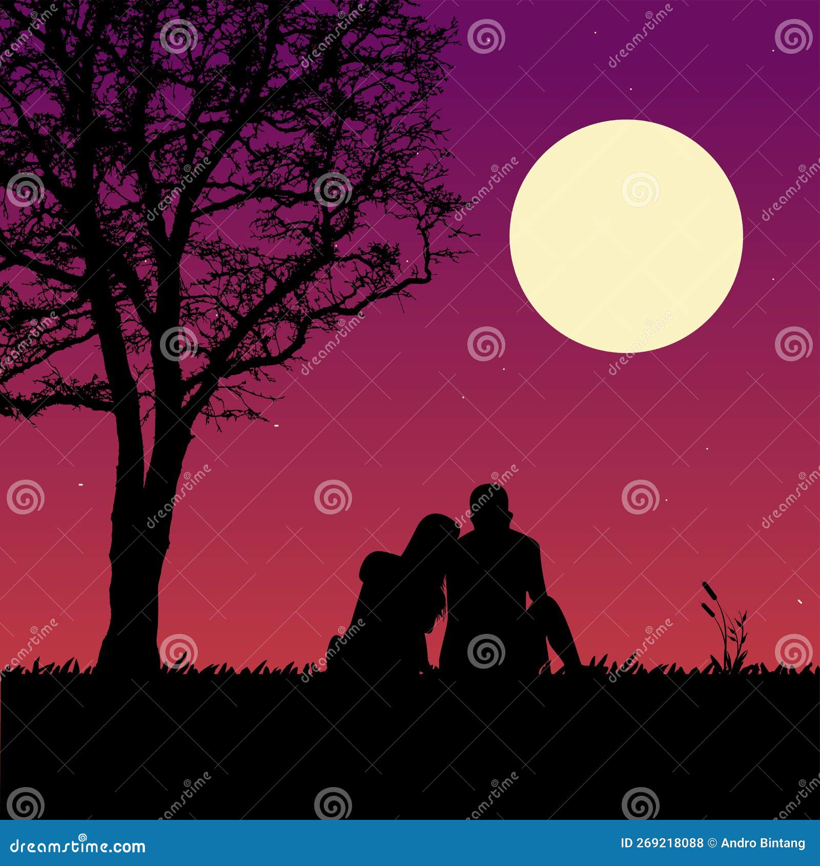 Lovers Under the Beauty of a Tree and the Moonlight Night Stock Vector ...