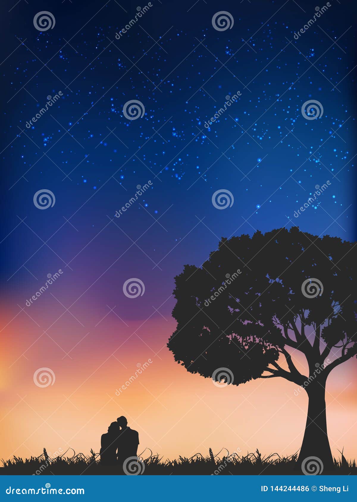 Lovers Under the Tree, Starry Night Stock Vector - Illustration of leaf ...