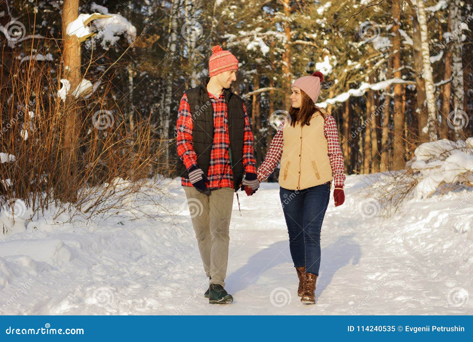 Lovers Walk in the Winter Sunny Forest Stock Image - Image of face ...