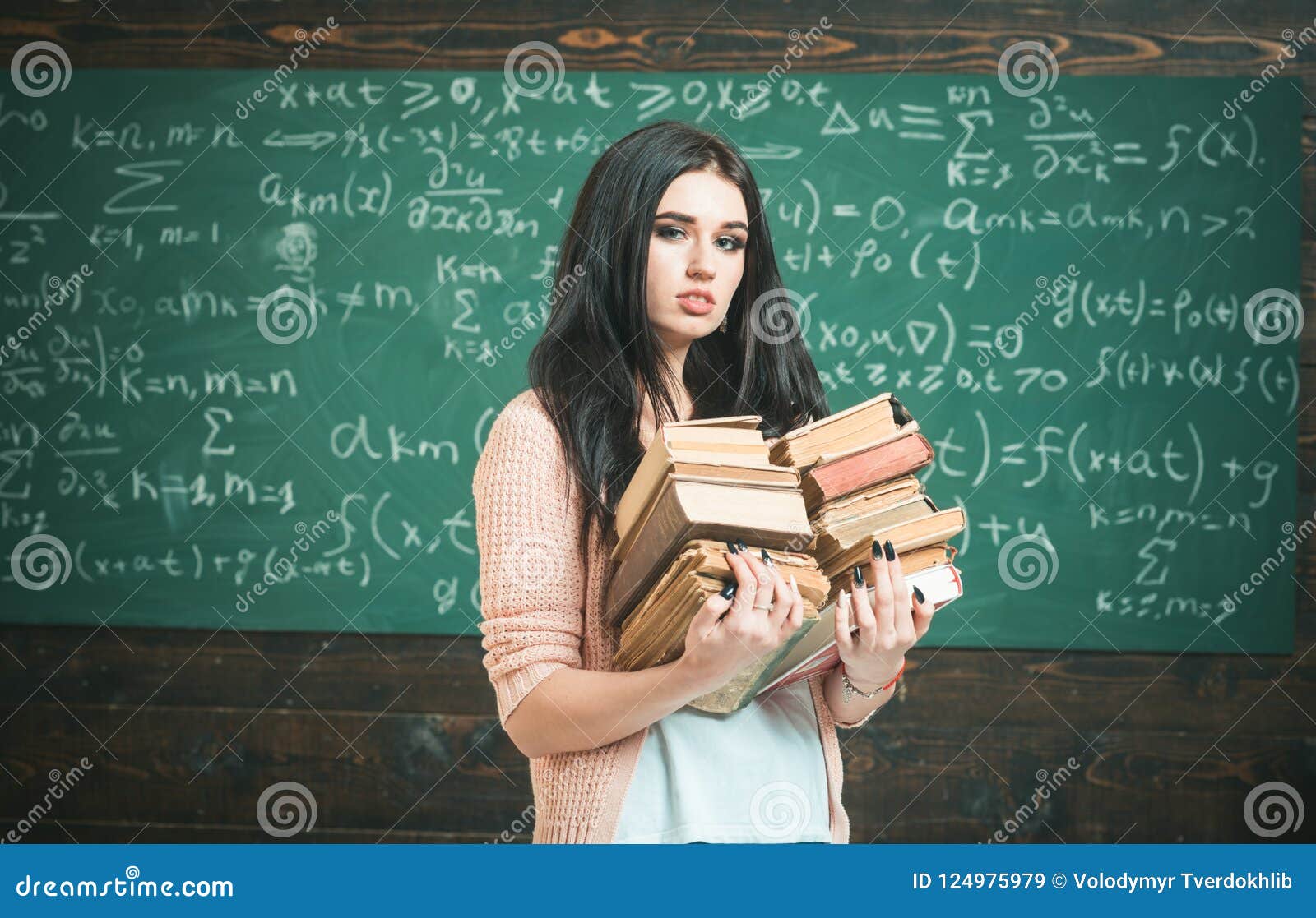 She Loves Reading Girl Nerd Holds Heavy Pile Of Old Books Chalkboard