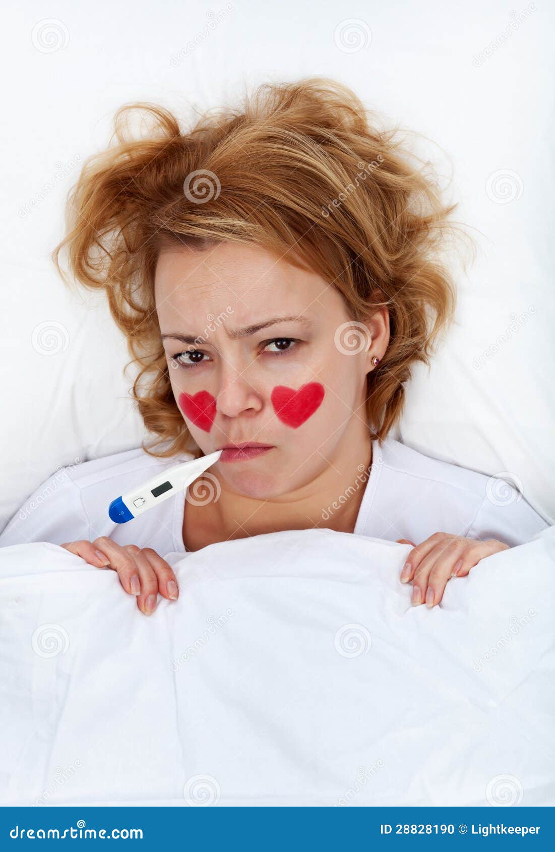 Lovesick Woman with Thermometer in Bed Stock Photo - Image of heart ...