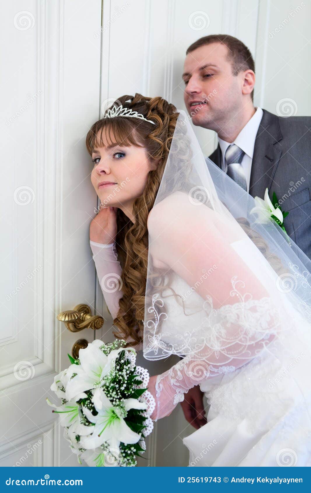 Loving Couple Eavesdropping Behind Door Stock Image - Image of ...
