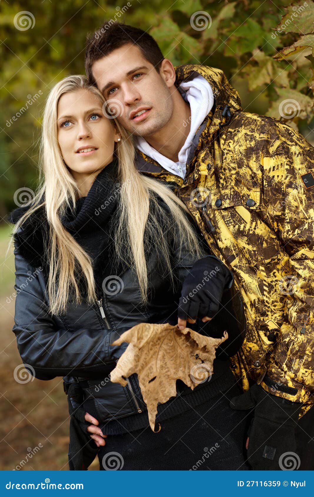 Loving Couple Enjoying Autumn Forest Stock Image - Image of holding ...