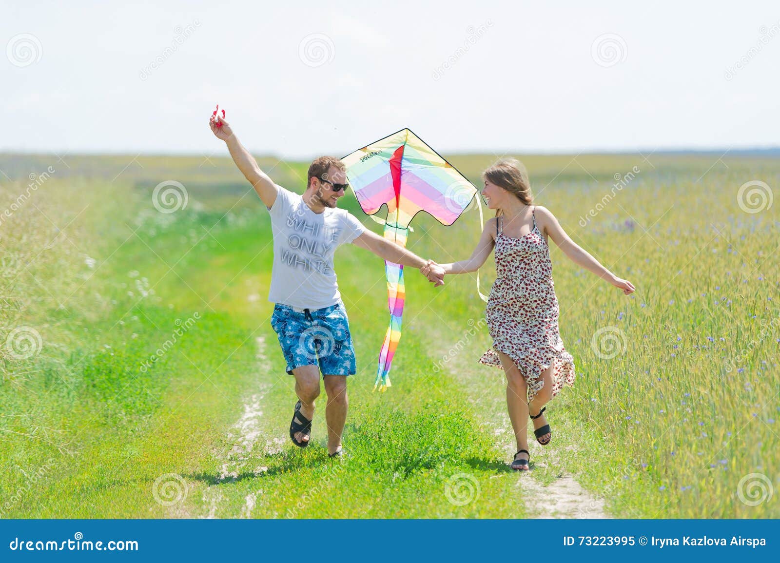 Loving Couple are Fling Kite on a Meadow Stock Image - Image of couple ...
