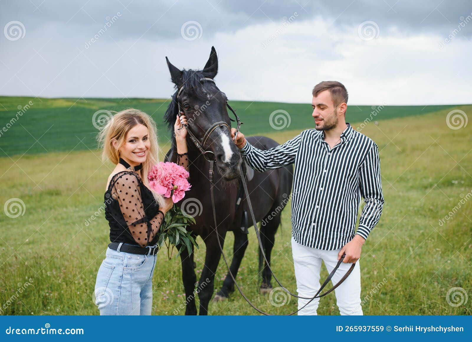 Loving Couple with Horse on Ranch Stock Image - Image of love ...
