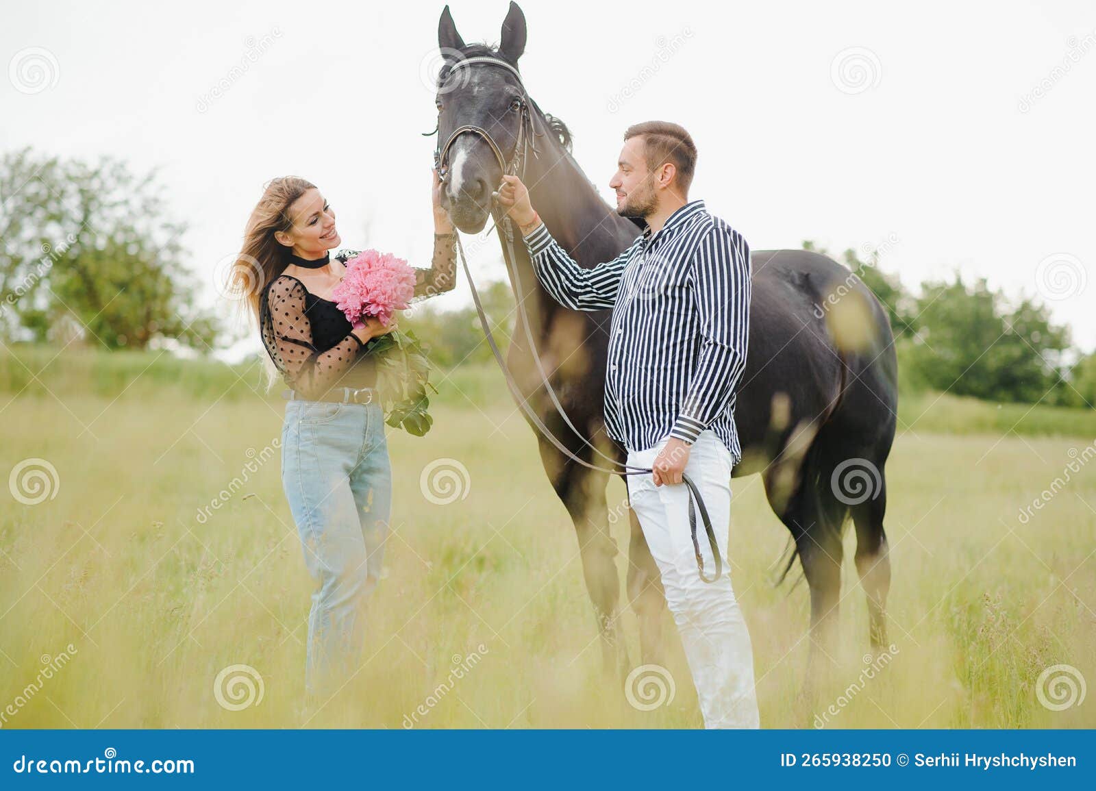 Loving Couple with Horse on Ranch Stock Photo - Image of girl ...