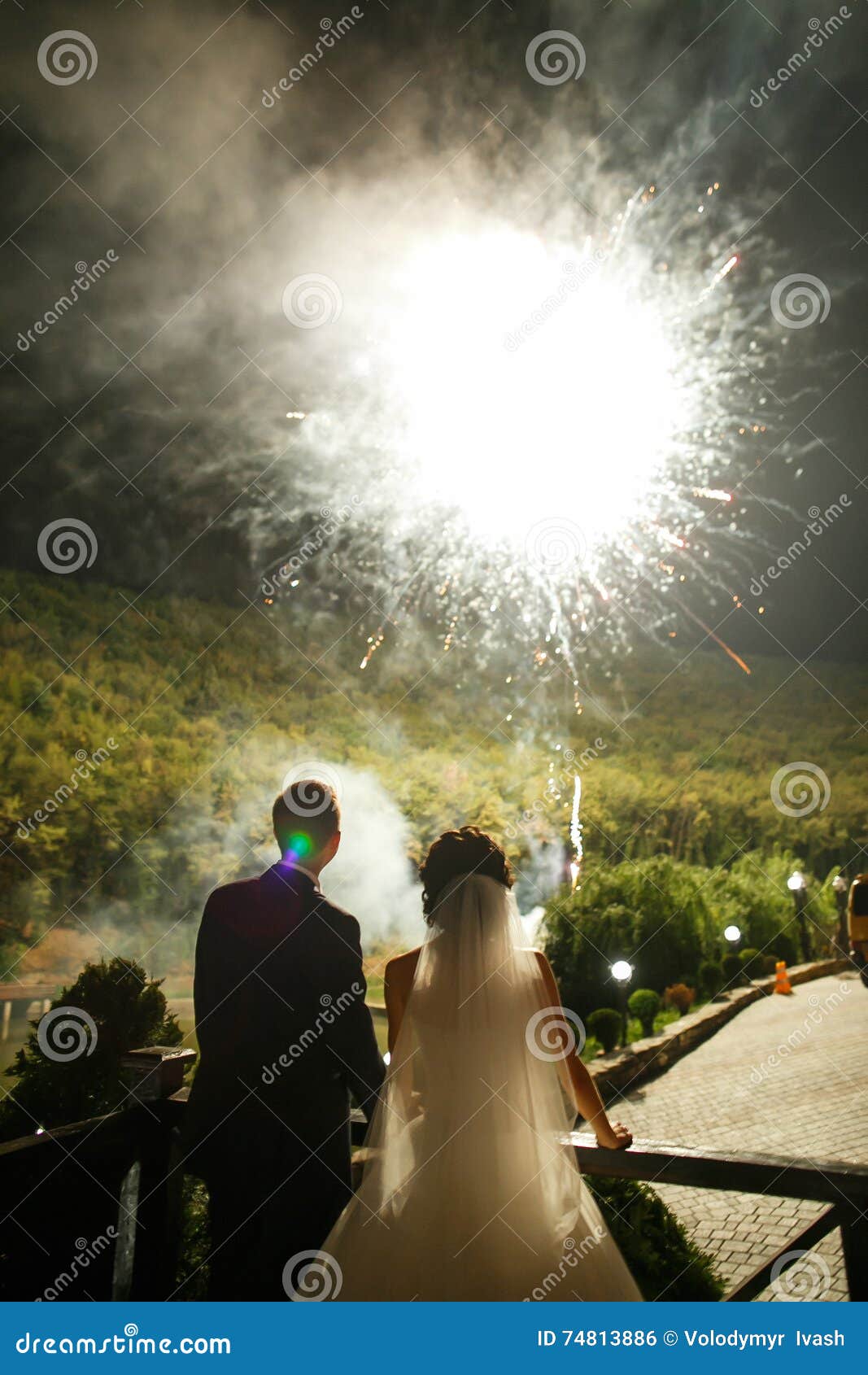 Loving Couple Looking at Fireworks Stock Photo - Image of fliance ...