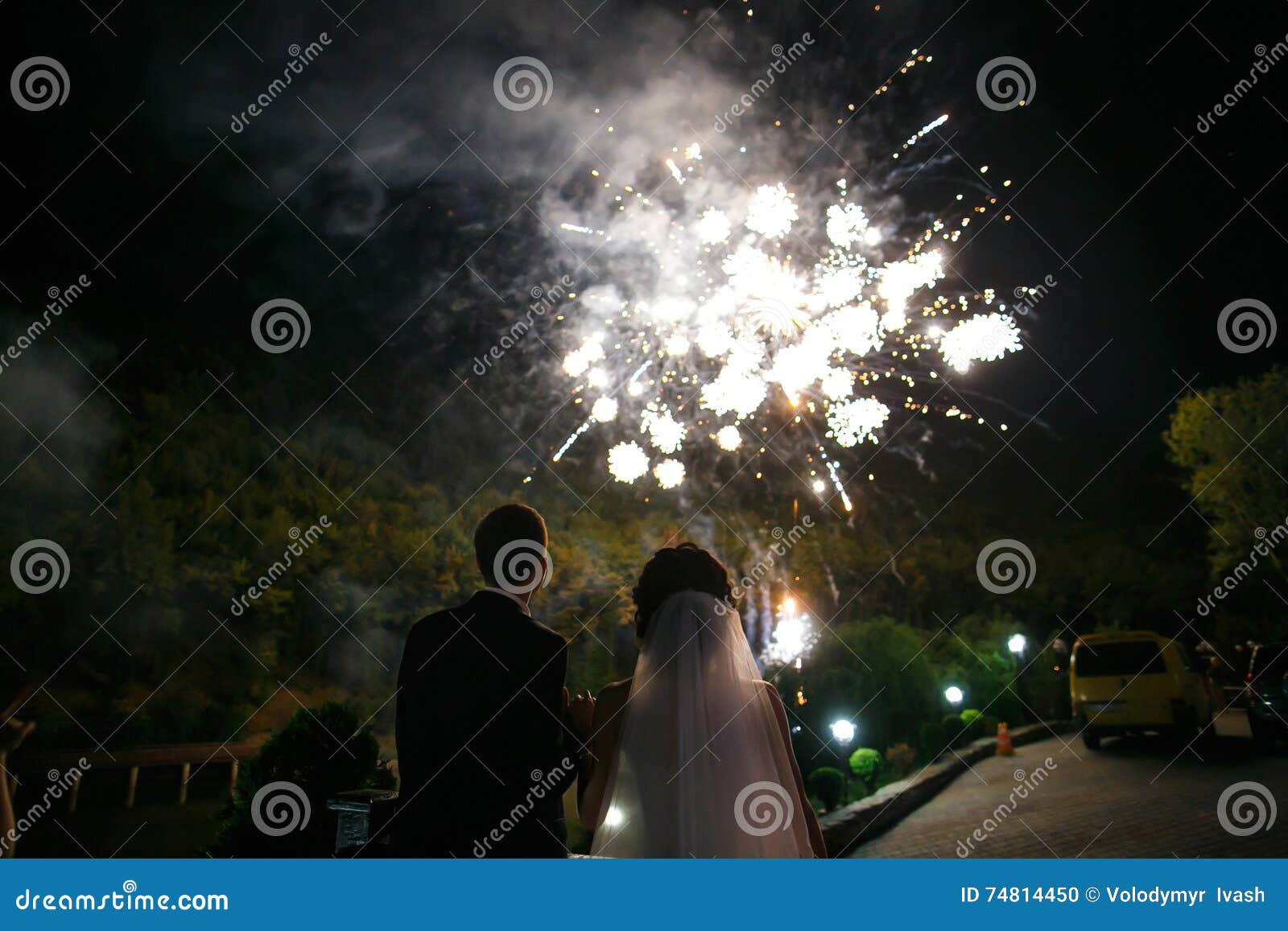 Loving Couple Looking at Fireworks Stock Photo - Image of female, close ...