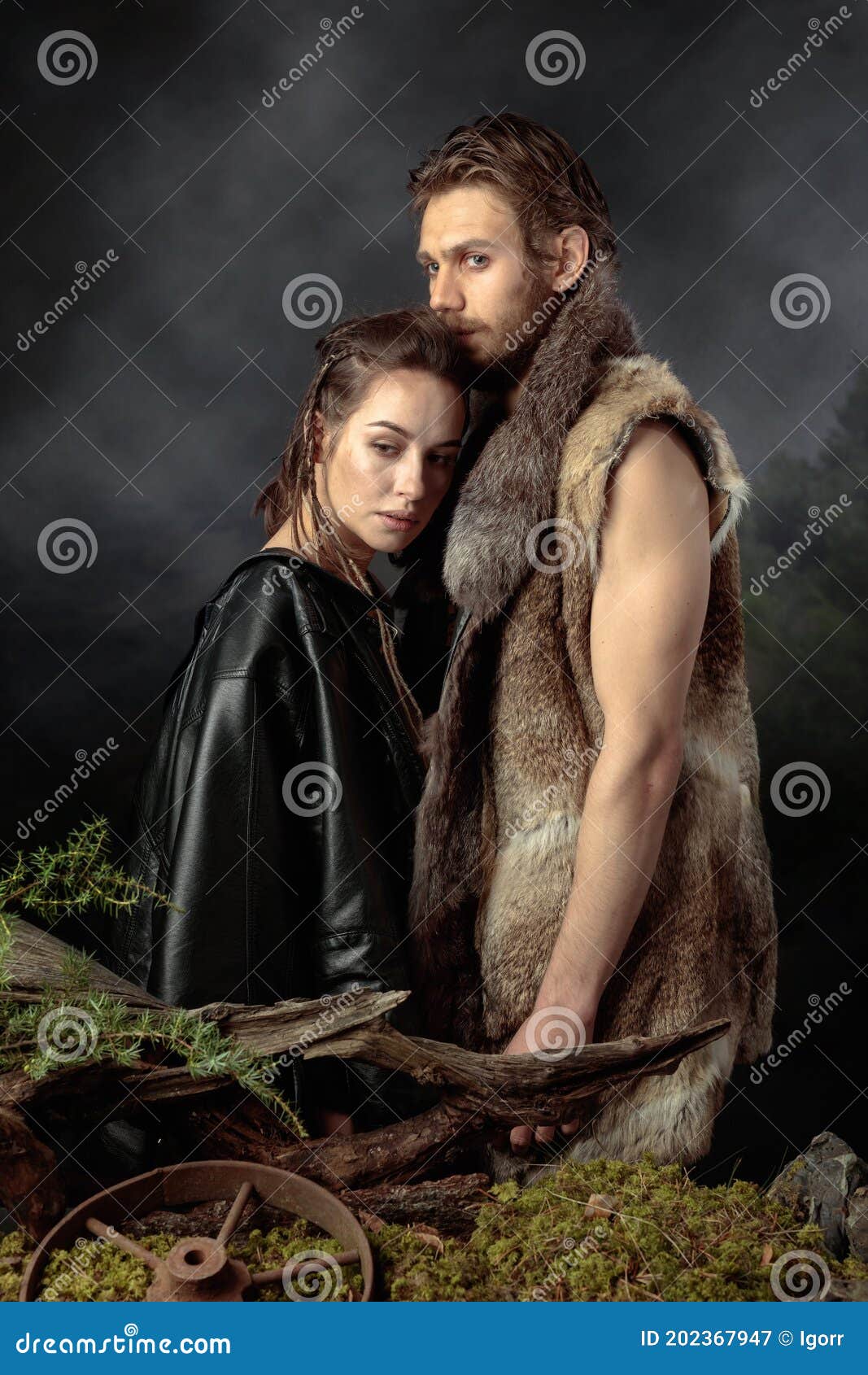 The Loving Couple while Saying Goodbye in the Dark Forest Stock Image ...