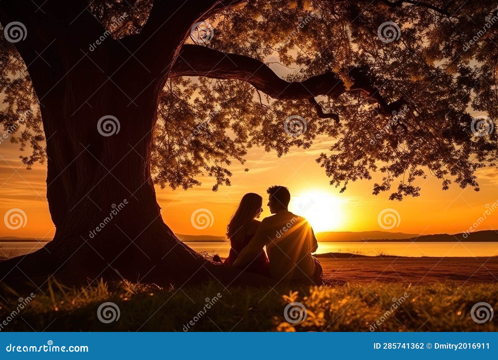 Loving Couple Sitting Under the Tree during Sunset. Stock Illustration ...