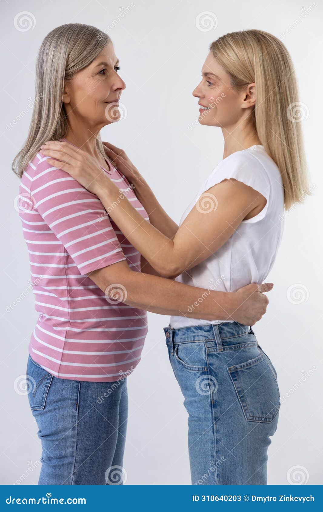 Loving Mom and Daughter Standing Together and Feeling Peaceful Stock ...