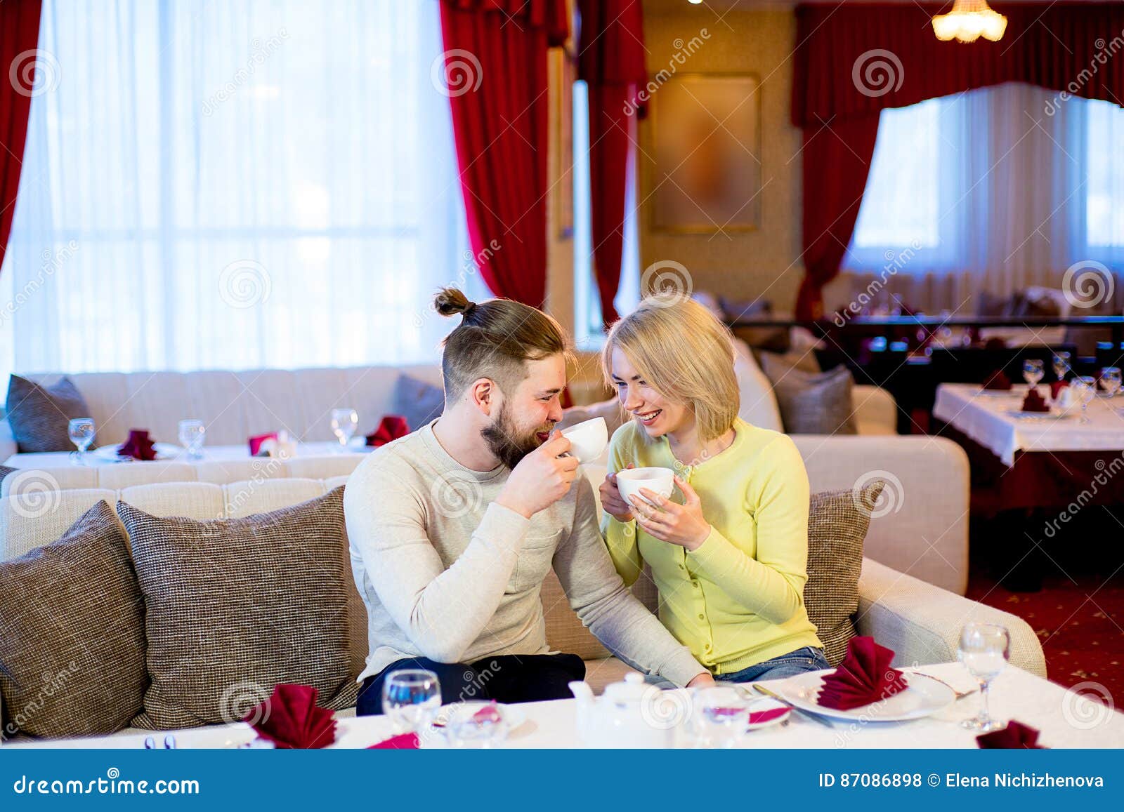Loving Young Couple Drinking Tea in the Restaurant Stock Photo - Image ...