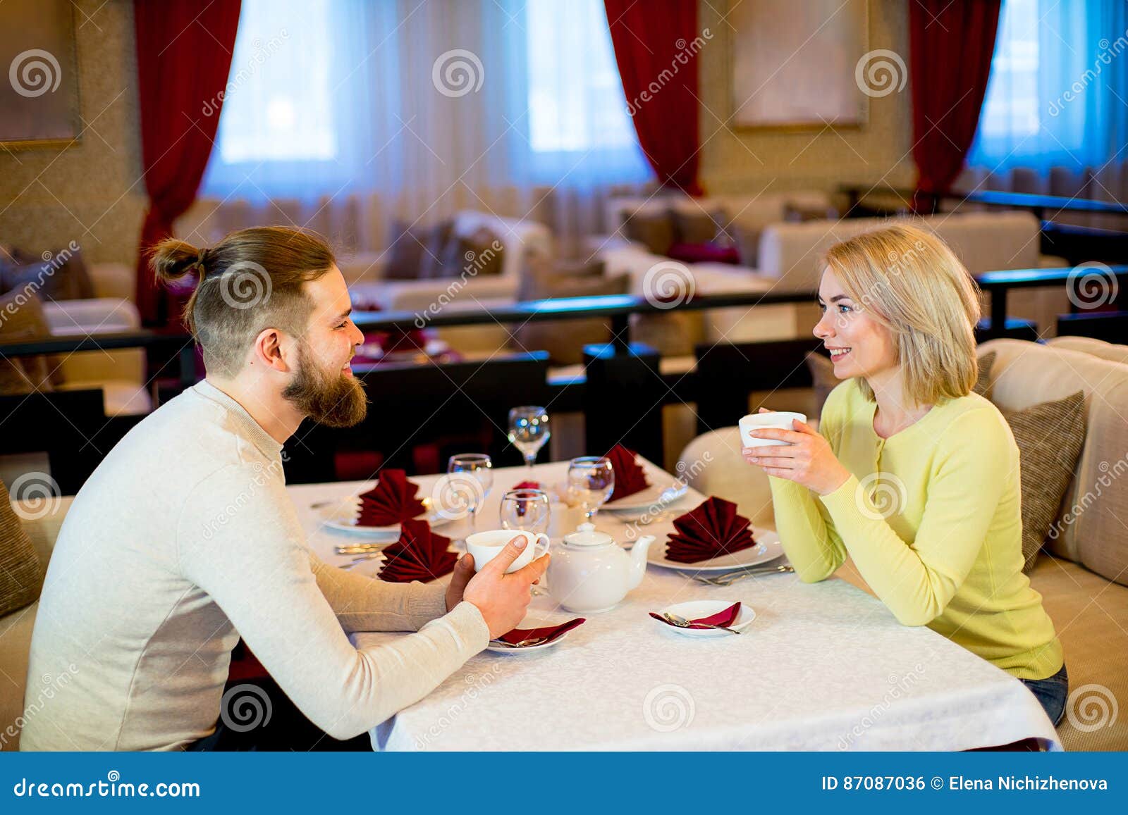 Loving Young Couple Drinking Tea in the Restaurant Stock Photo - Image ...