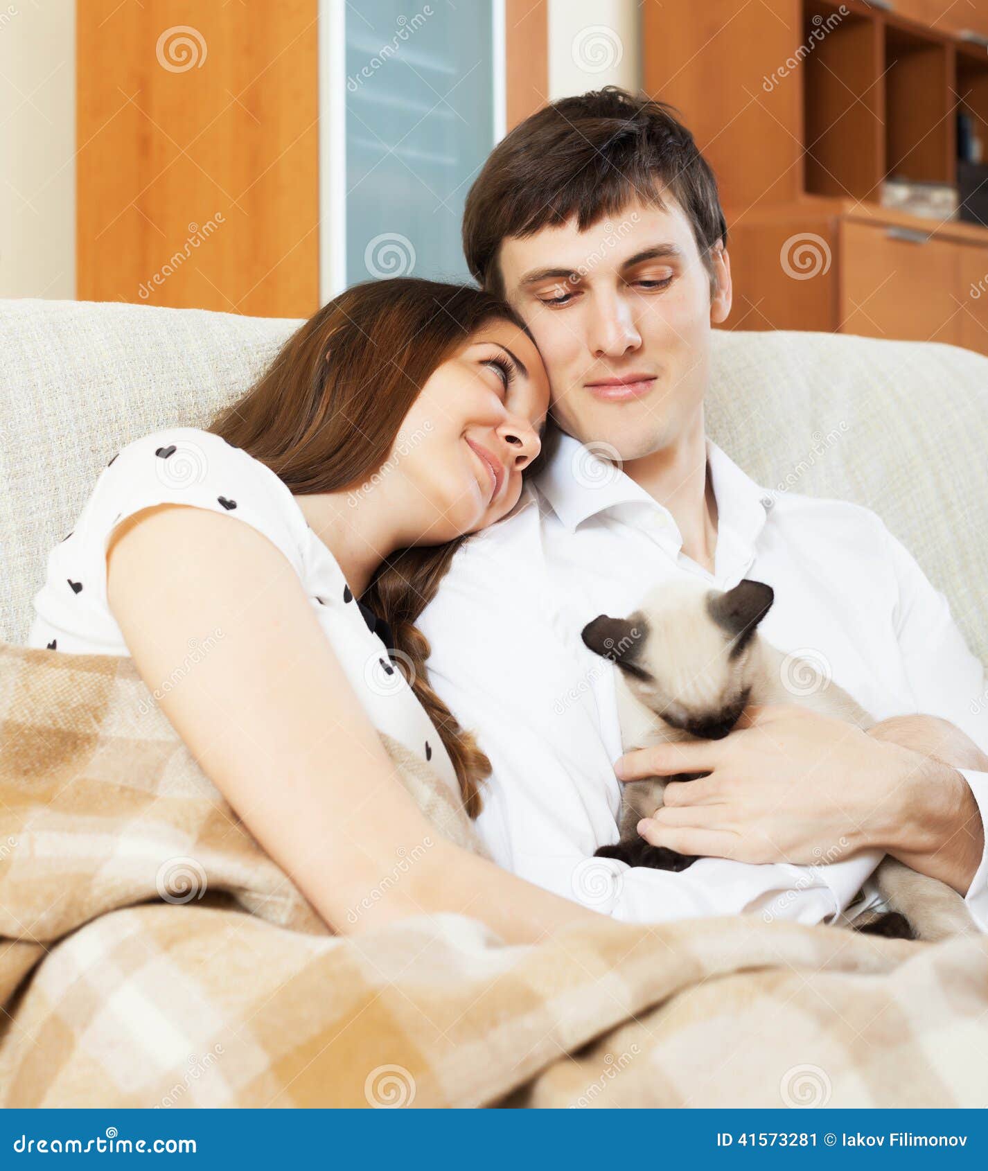 Loving Young Couple with Kitten Stock Image - Image of home, kitten ...