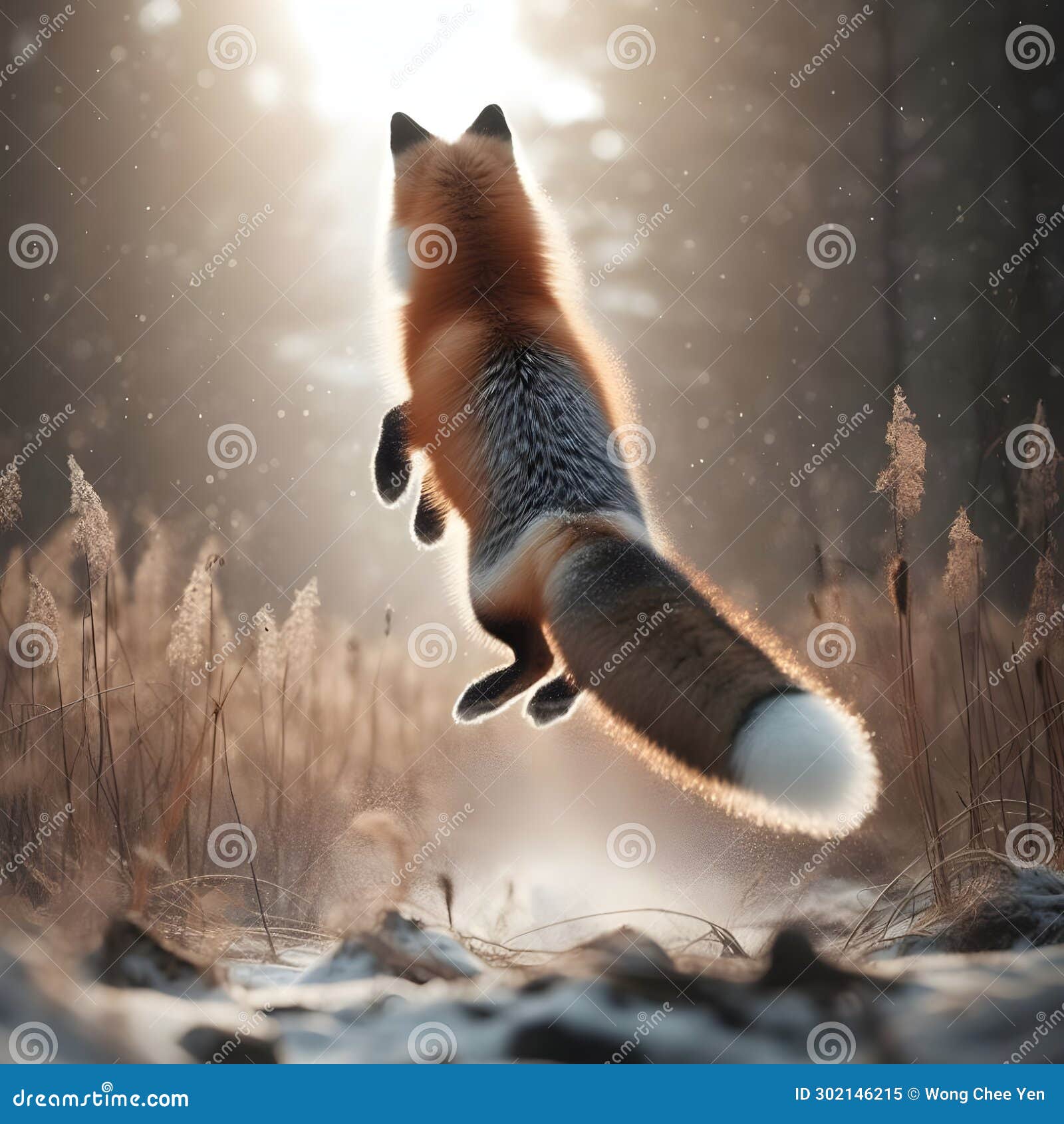 Low Angle Back View of Fox Jumping in Forest Stock Image - Image of ...
