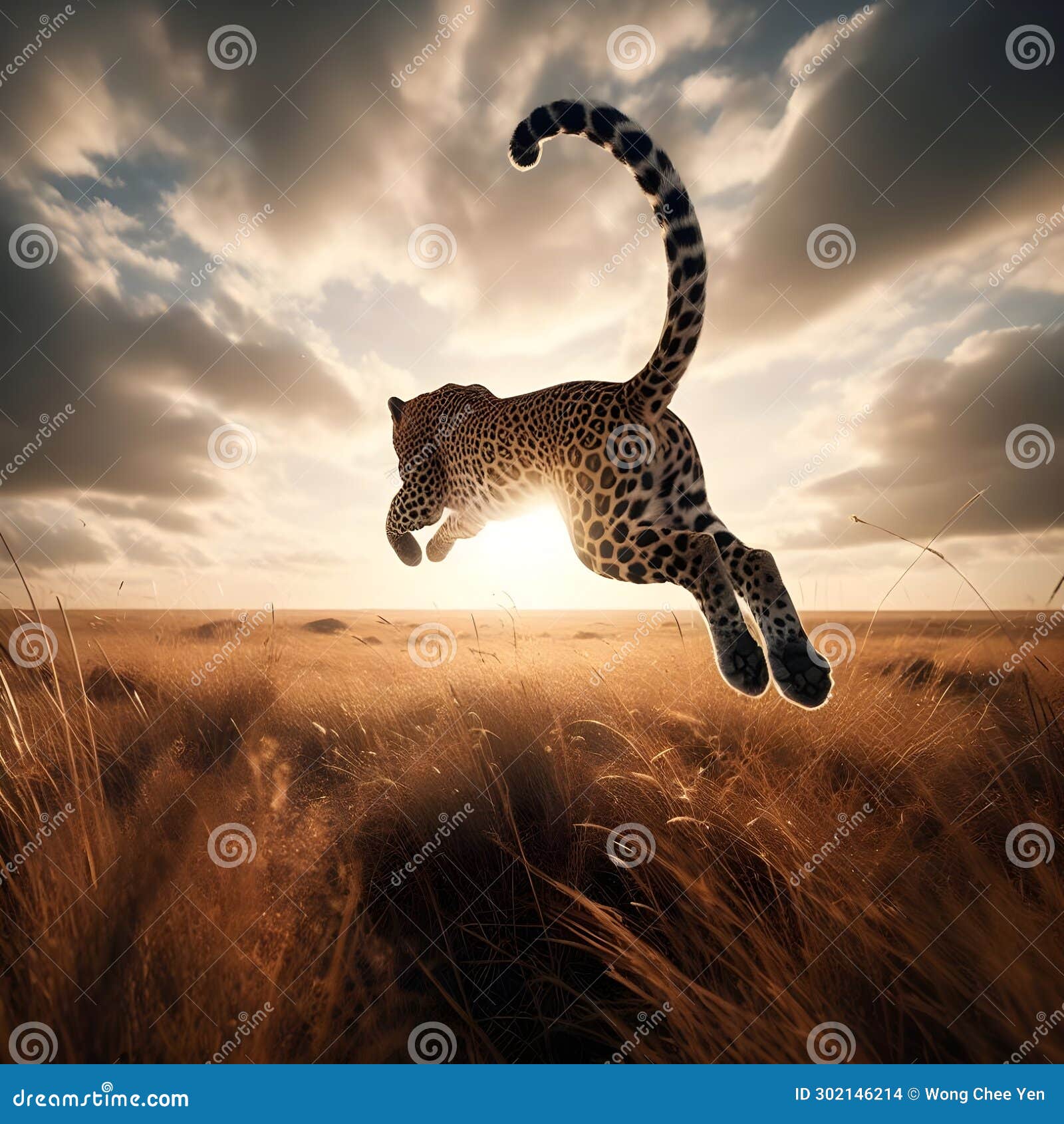 Low Angle Back View of Leopard Jumping in Grassland Stock Photo - Image ...
