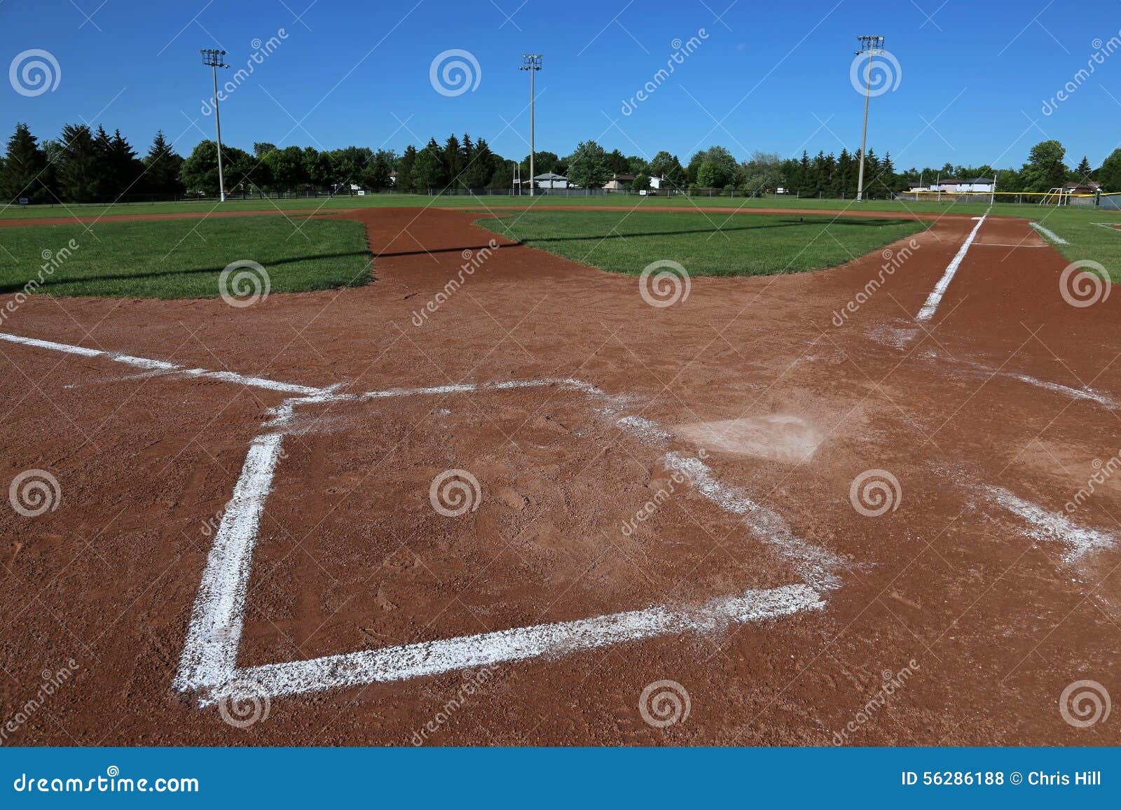 Low Angle Baseball Field stock photo. Image of line, fence - 56286188