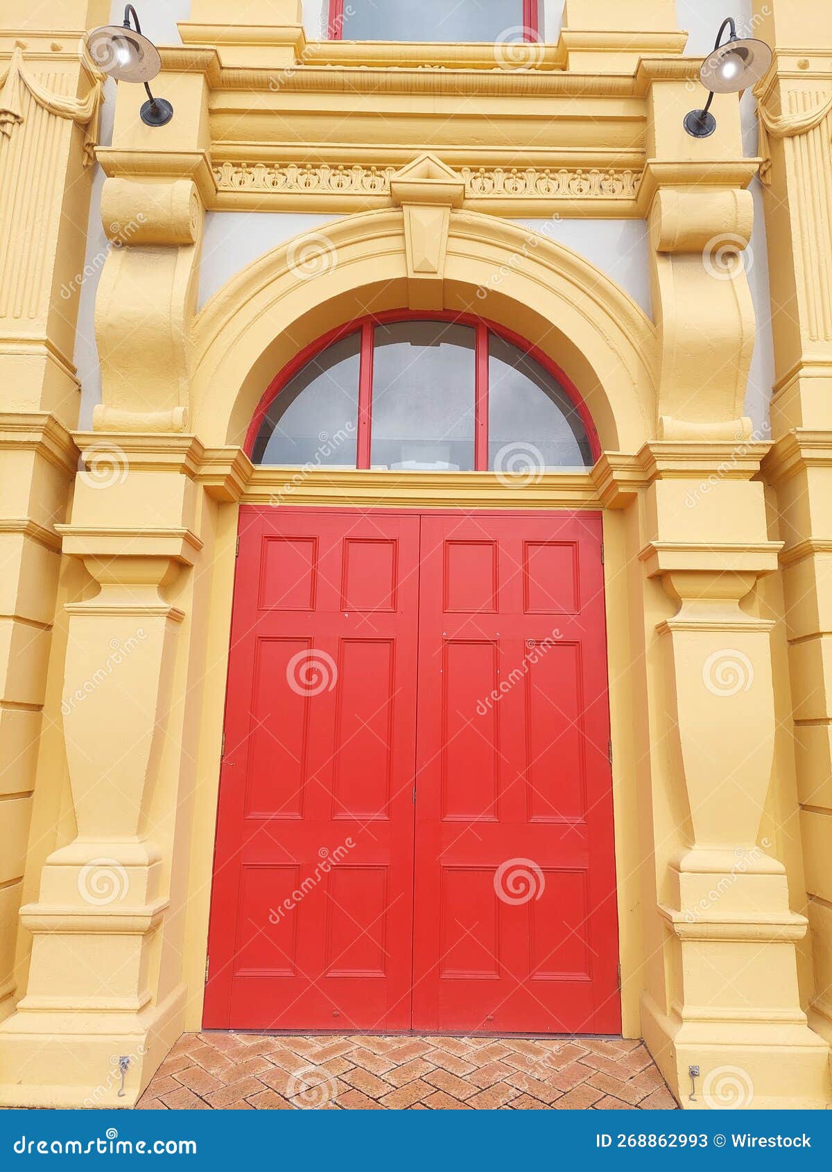 Low-angle Cartoon Red Door of the Yellow Building. Stock Image - Image ...