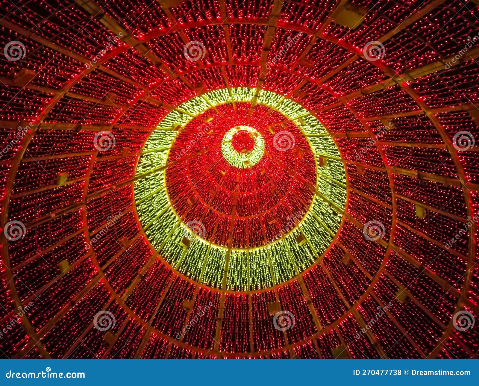 Low Angle of a Circular Ceiling Composed of Red LED Lights, Creating a ...