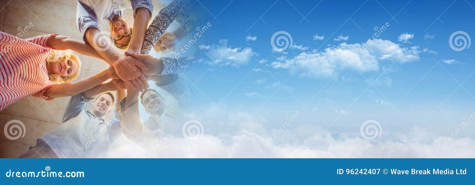 Low Angle of Creative Team Putting Hands Together and Sky Transition ...