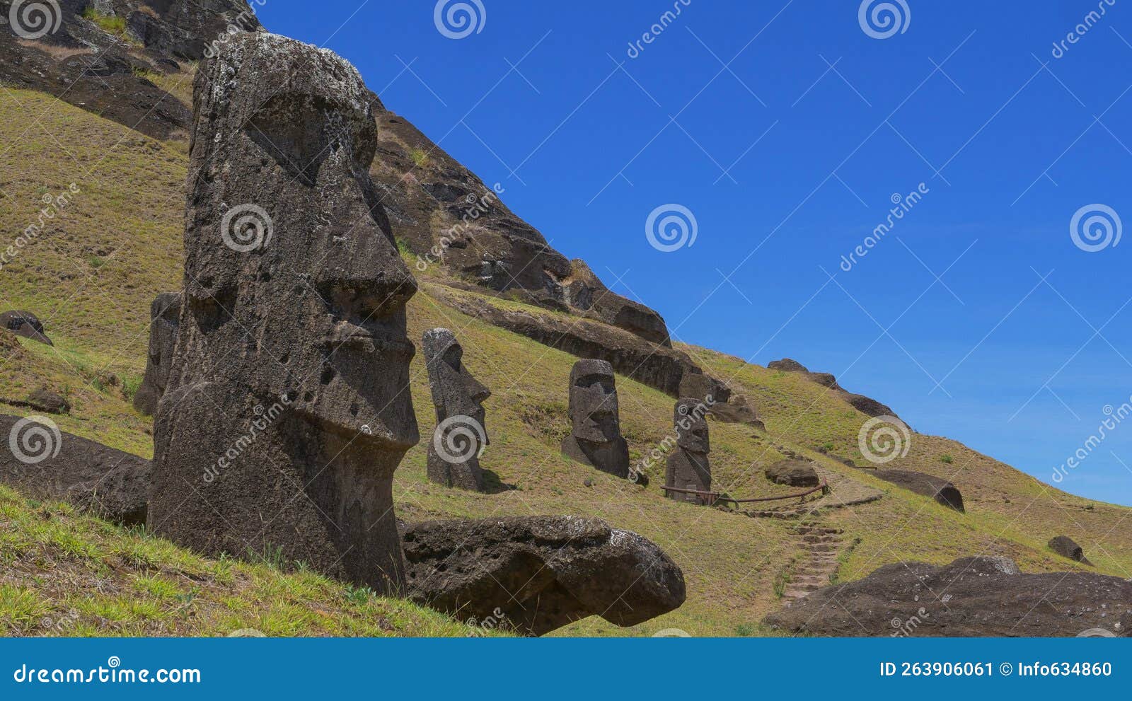 LOW ANGLE: Empty Trail Runs Past Spectacular Moai Sculptures on Easter ...