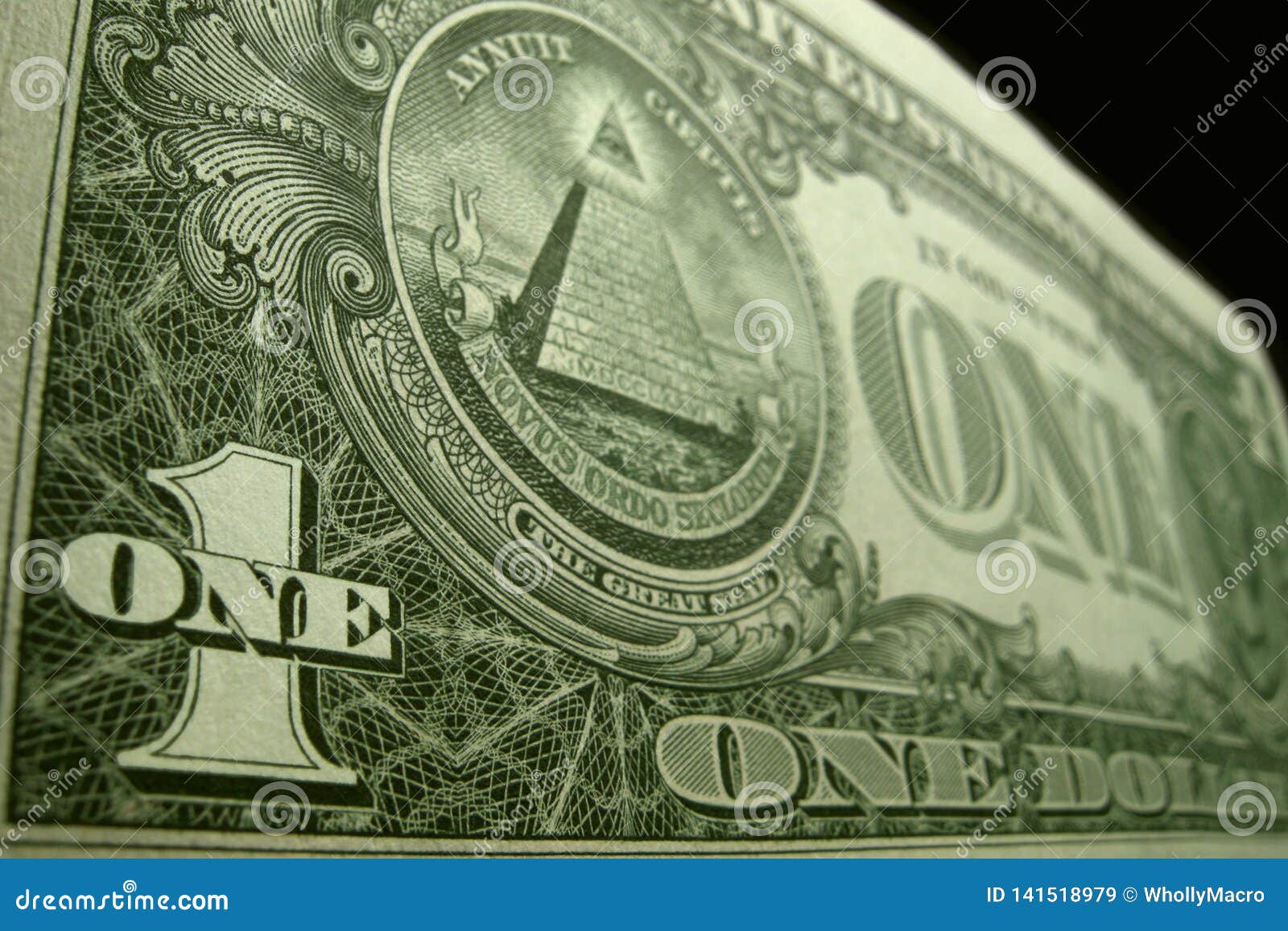 Low Angle Close Up of the Back of the US One Dollar Bill, Focusing on ...