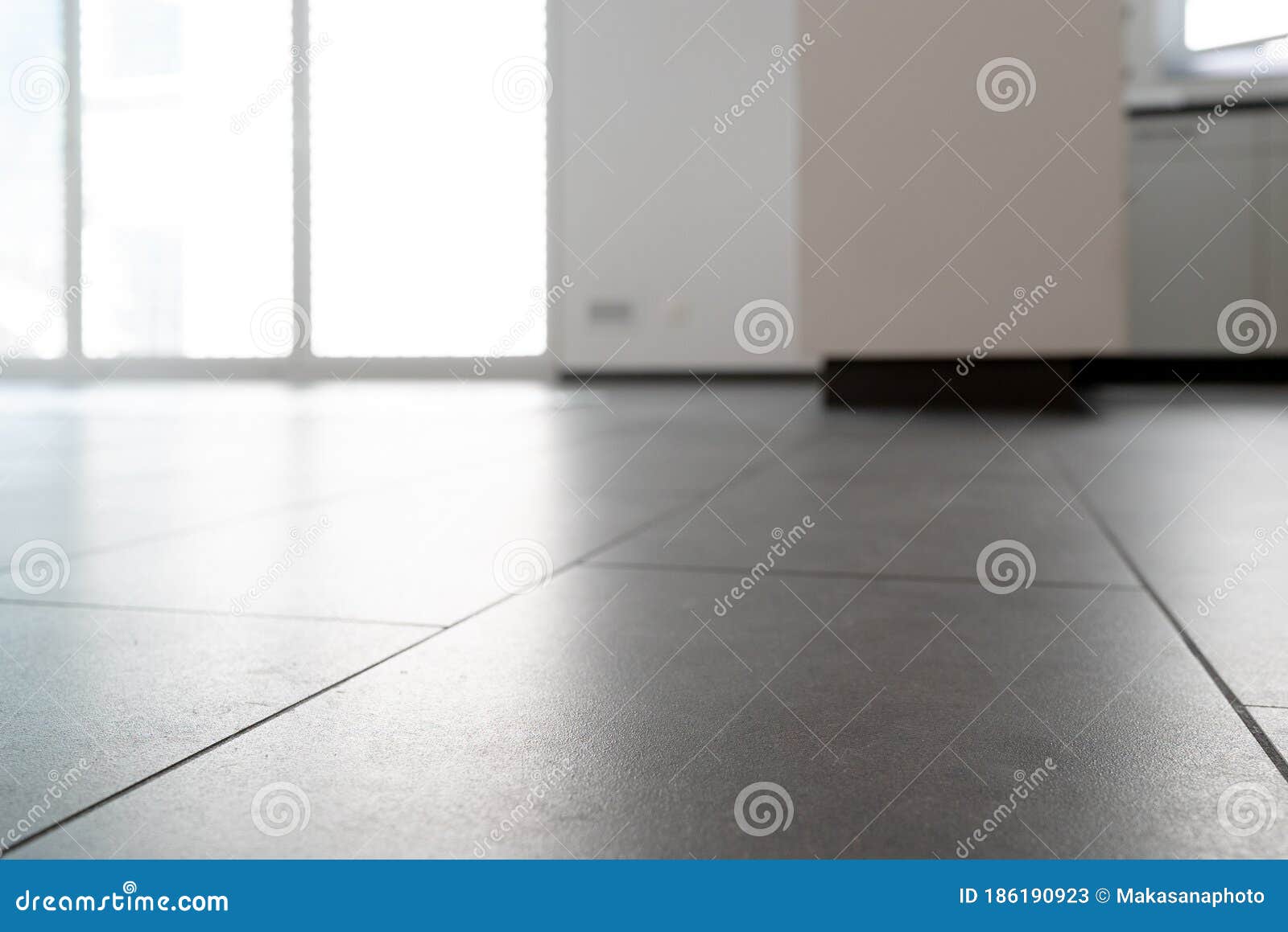 Low Angle Horizontal View of a New Black Ceramic Tile Floor in a Bright ...