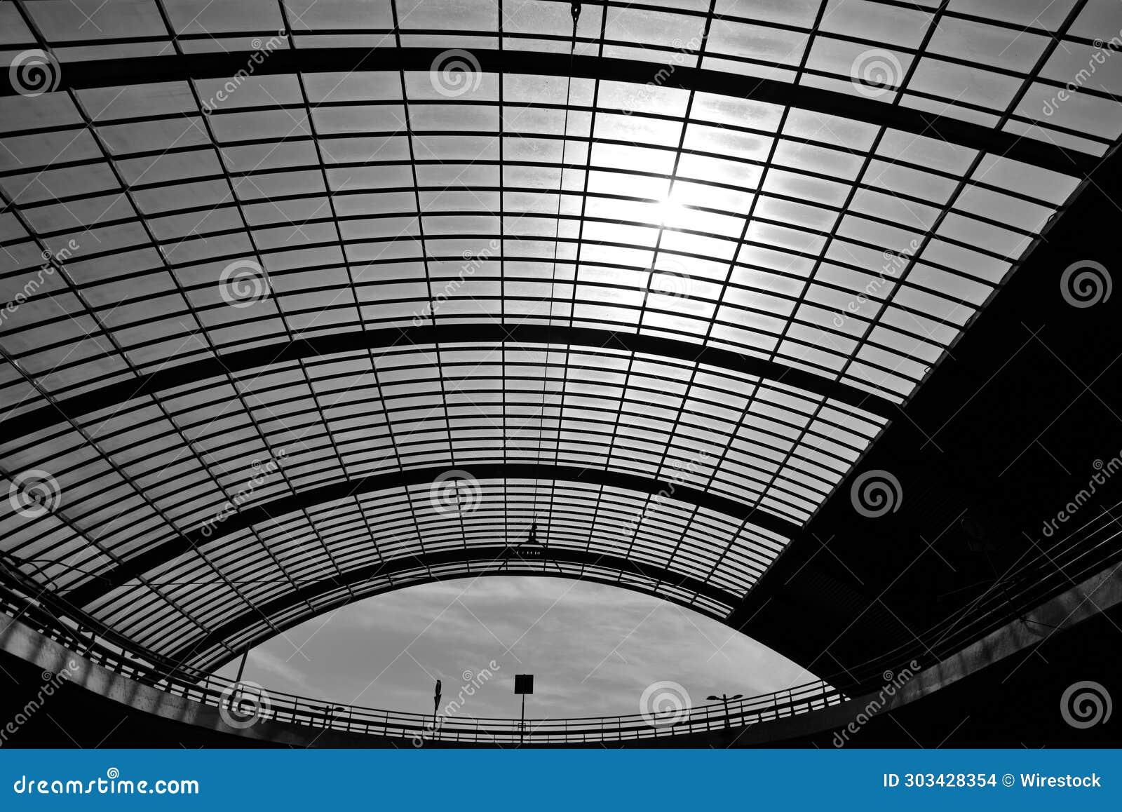 Low Angle of a Large Glass Ceiling of a Building in Grayscale Stock ...