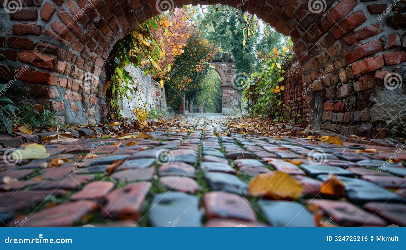 Brick Pathway through Ancient Archway in Autumn Stock Photo - Image of ...