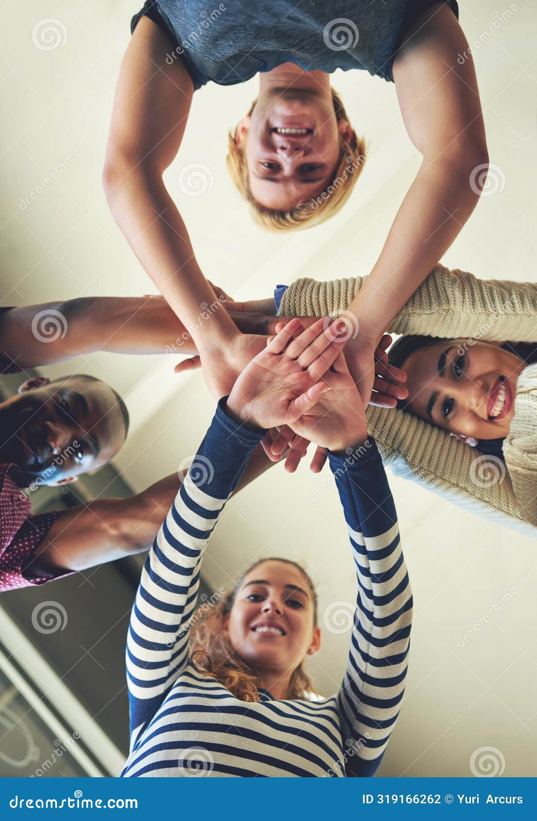 Low Angle, Portrait and Students with Hands, Stack and Cooperation with ...