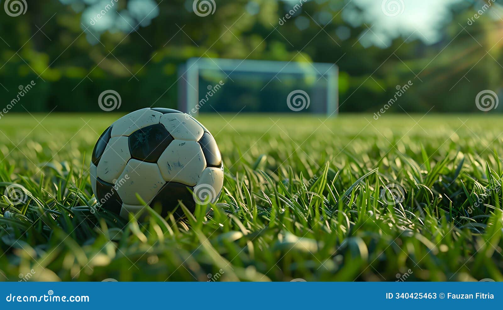 Low Angle Real Image of Soccer Ball on Lush Green Field with Goalposts ...