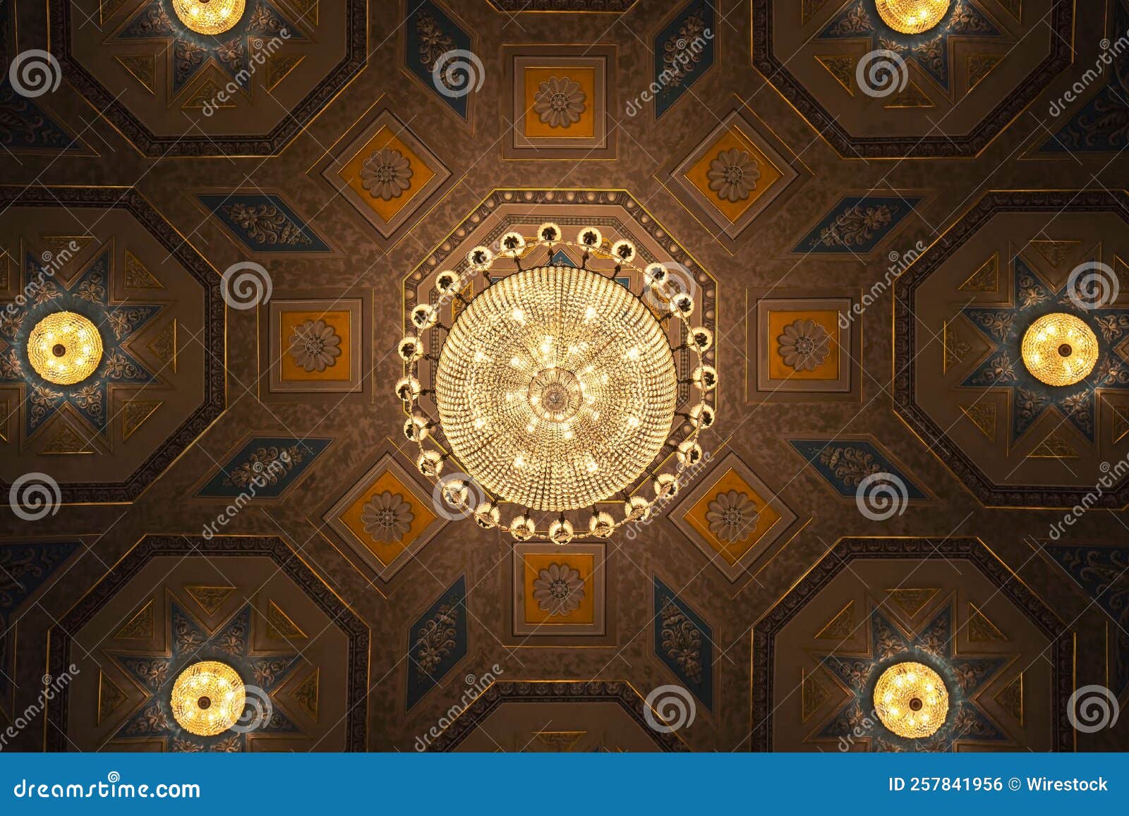 Low Angle Shot of the Ceiling of the Theatre with Shiny Chandeliers ...