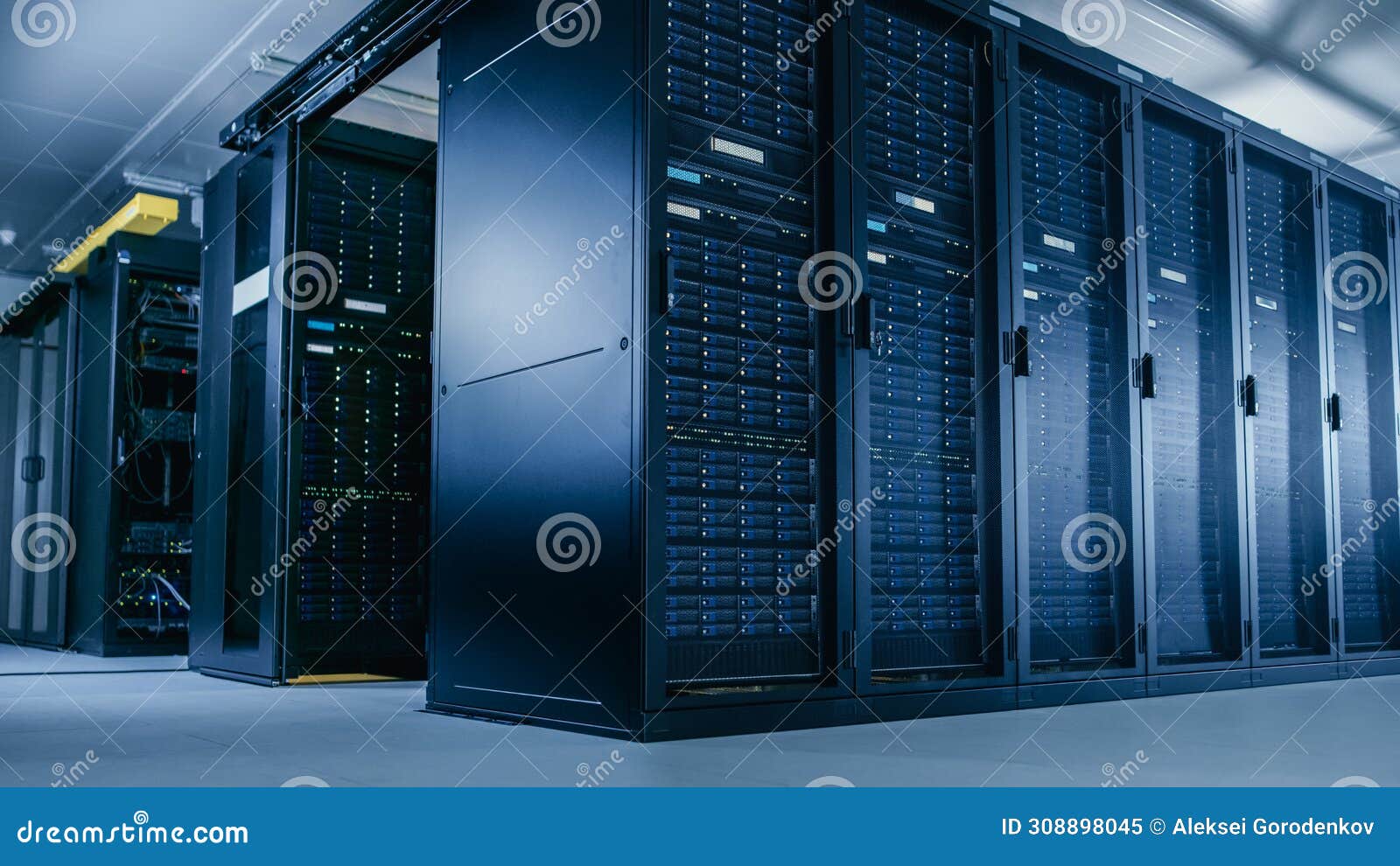 Low Angle Shot of Data Center with Multiple Rows of Fully Operational ...