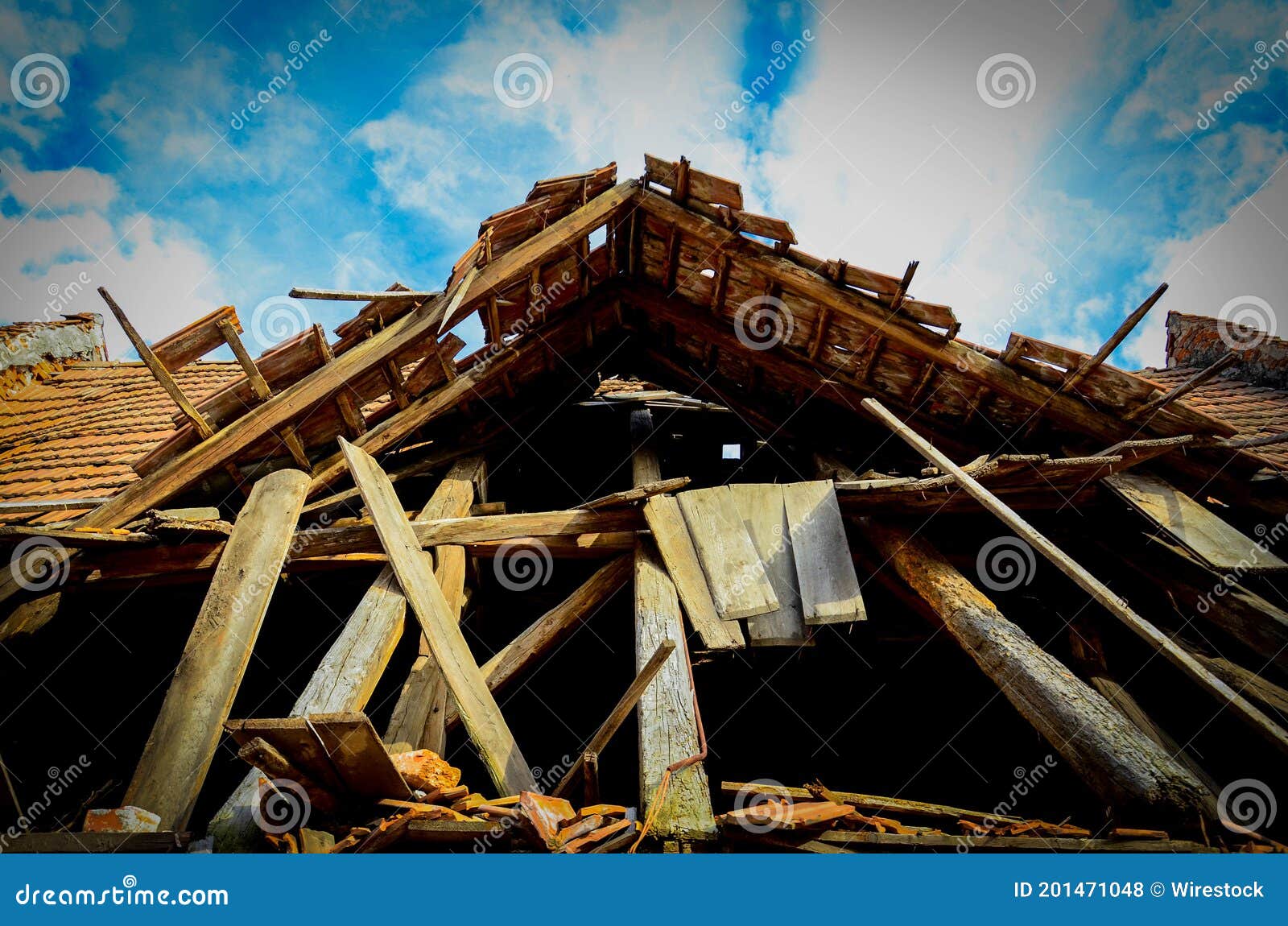 Low Angle Shot of a Destroyed Building on a Cloudy Sky Background Stock ...