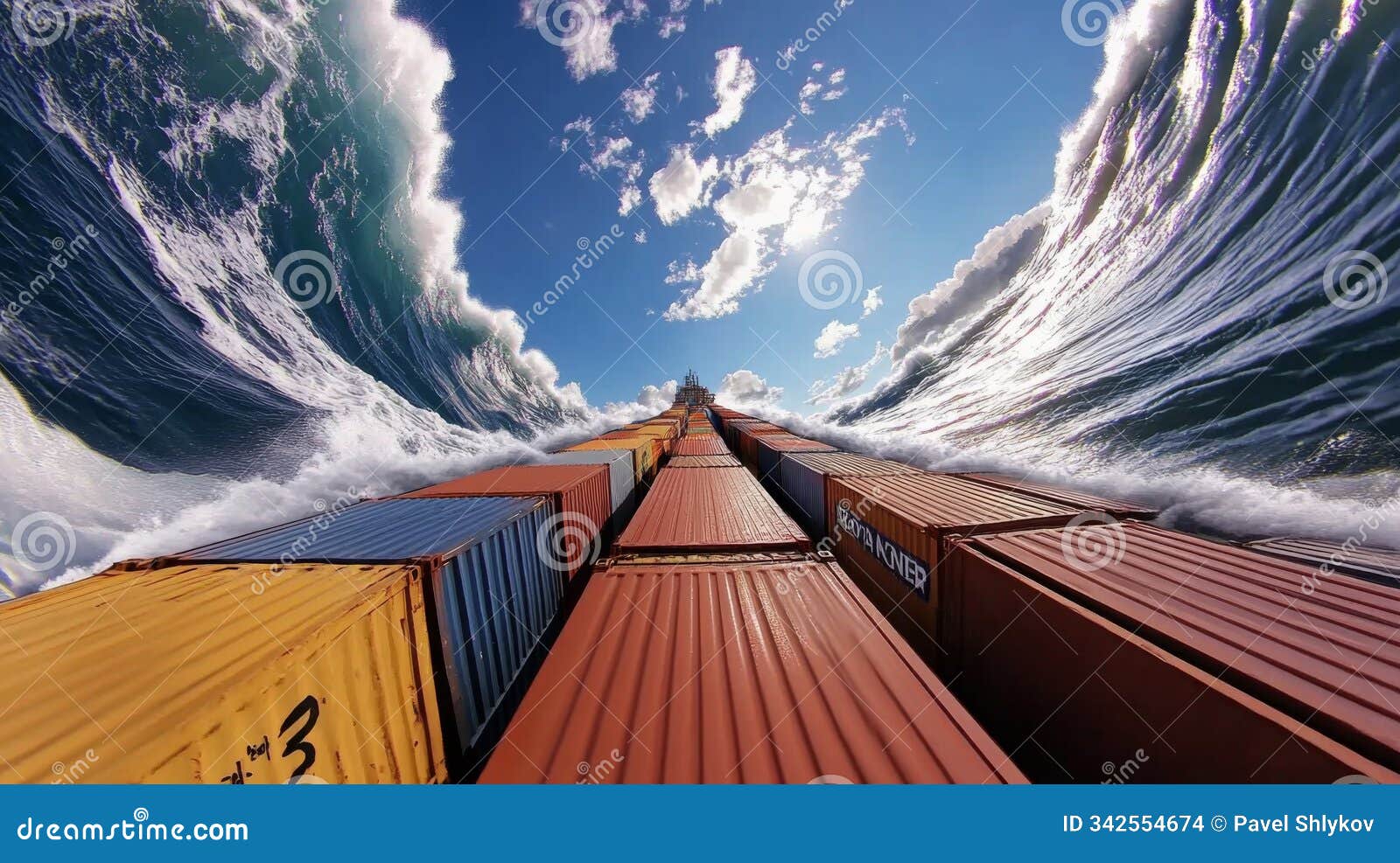 Low Angle Shot of a Large Container Ship Sailing on Huge Ocean Waves ...