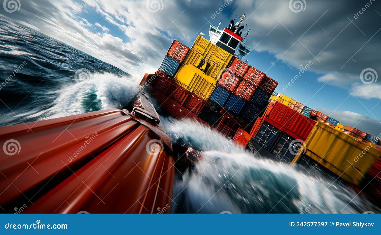 Low Angle Shot of a Large Container Ship Sailing on Huge Ocean Waves ...