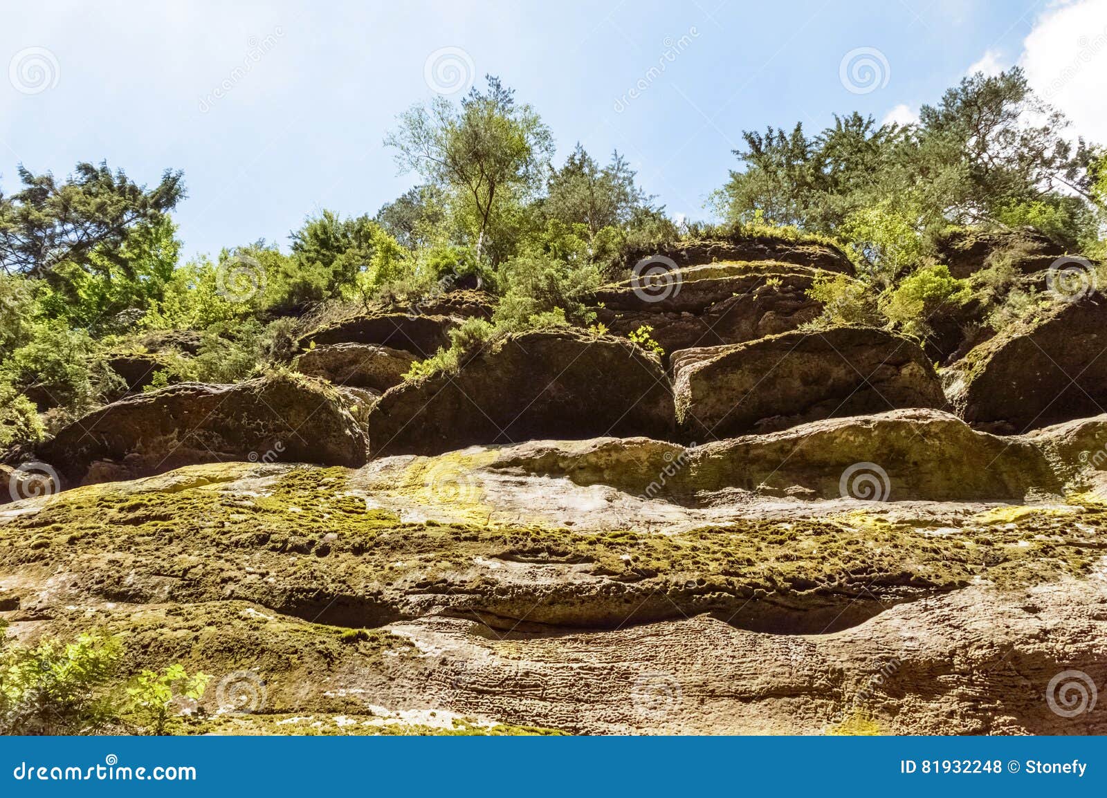 Low Angle Shot of Multiple Layers of Rocks with Greenery Covering Them ...
