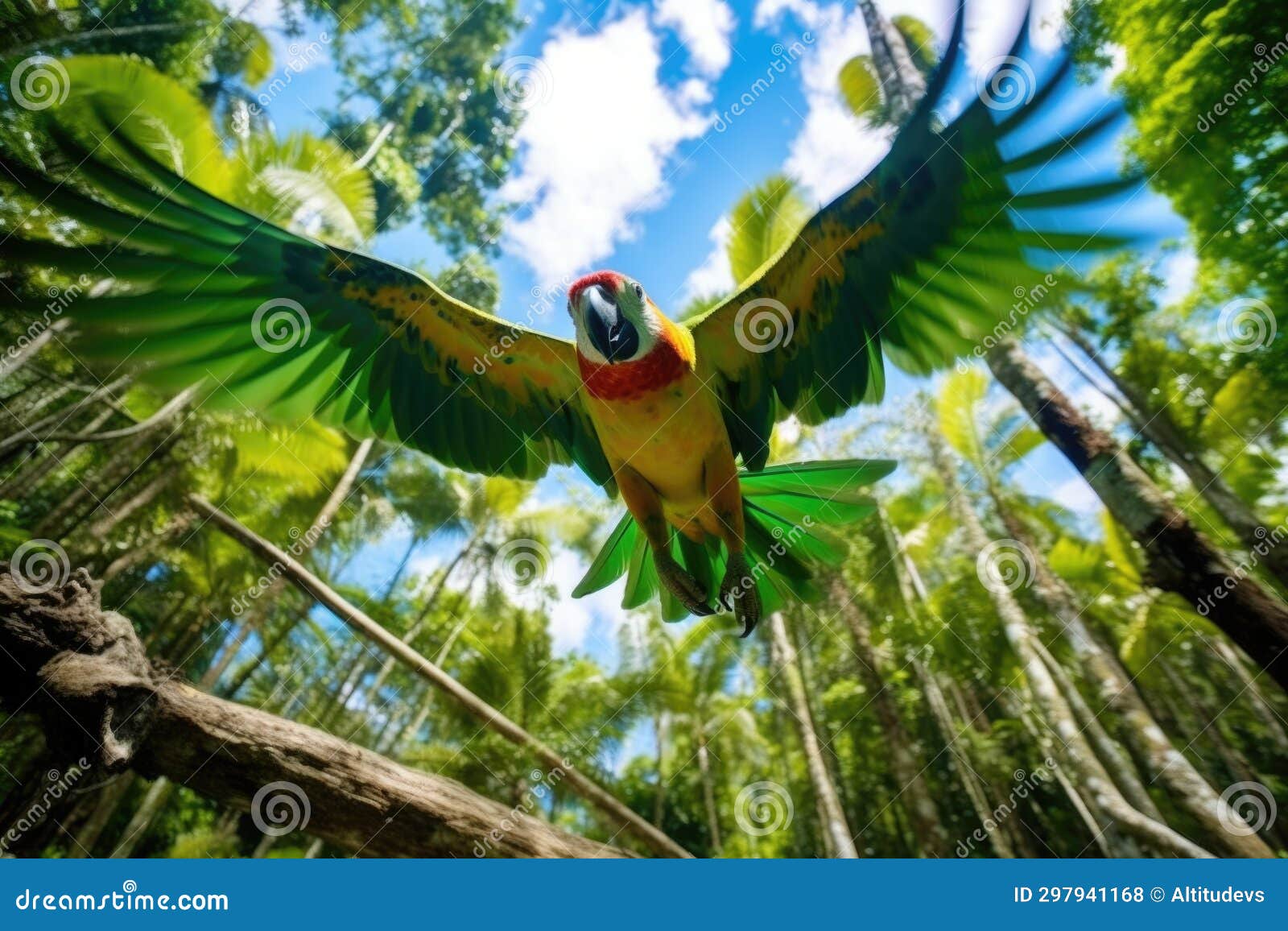 Low Angle Shot of a Parrot Soaring in Rainforest Stock Photo - Image of ...