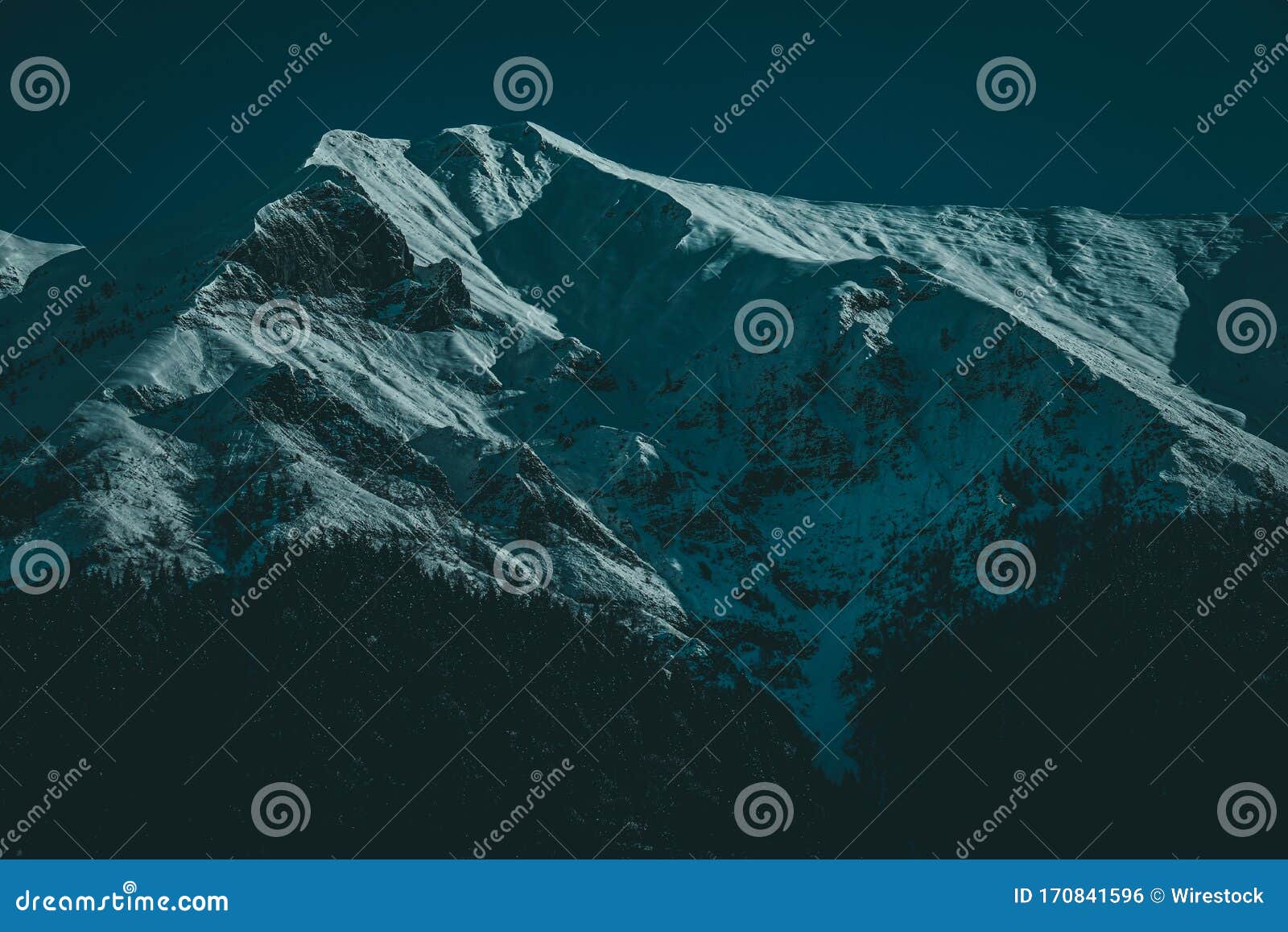 Low Angle Shot of Snow Covered Mountain Peaks with Alpine Trees at ...