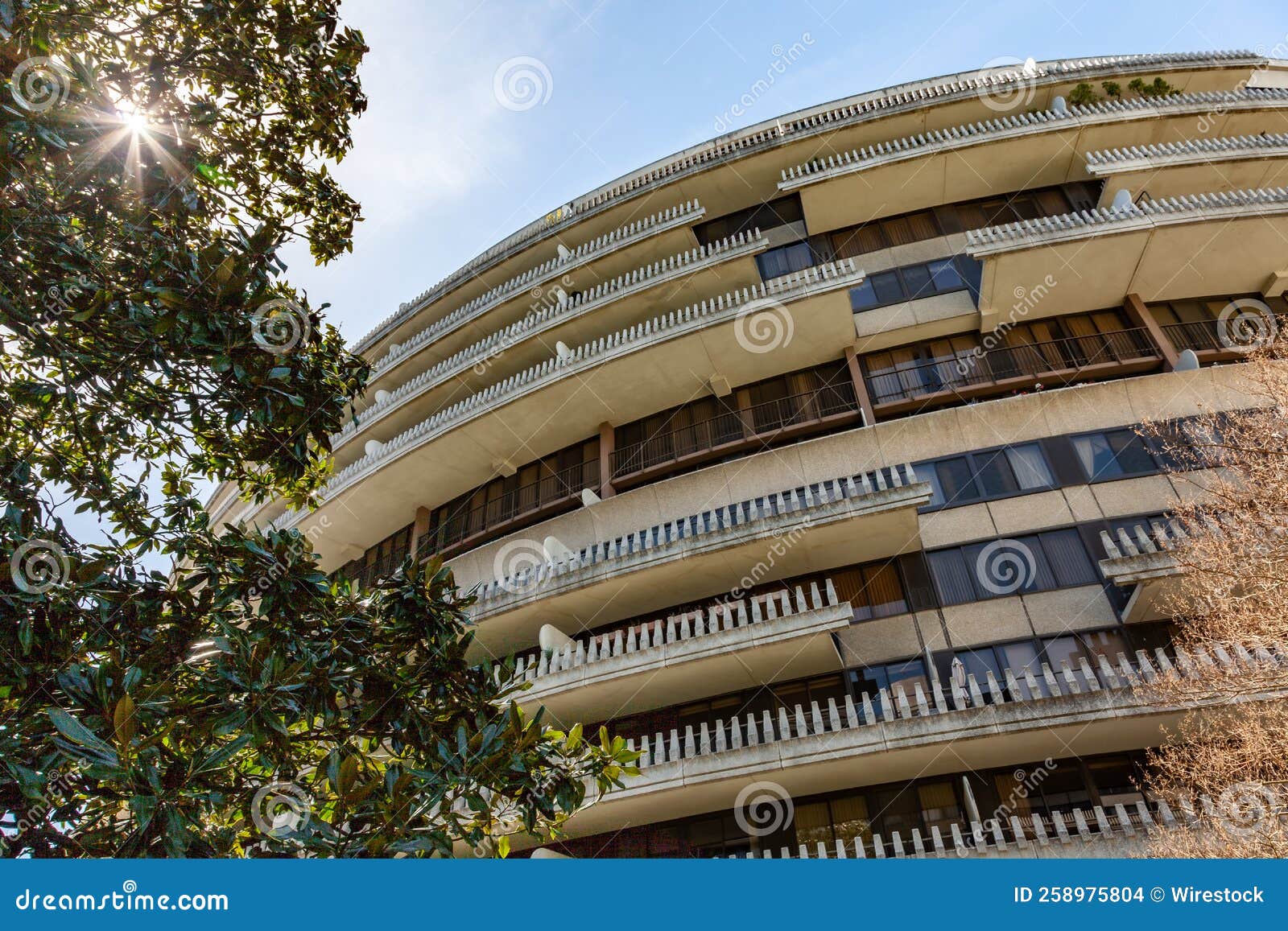 Low Angle Shot of the Watergate Complex in Washington DC and a Green ...