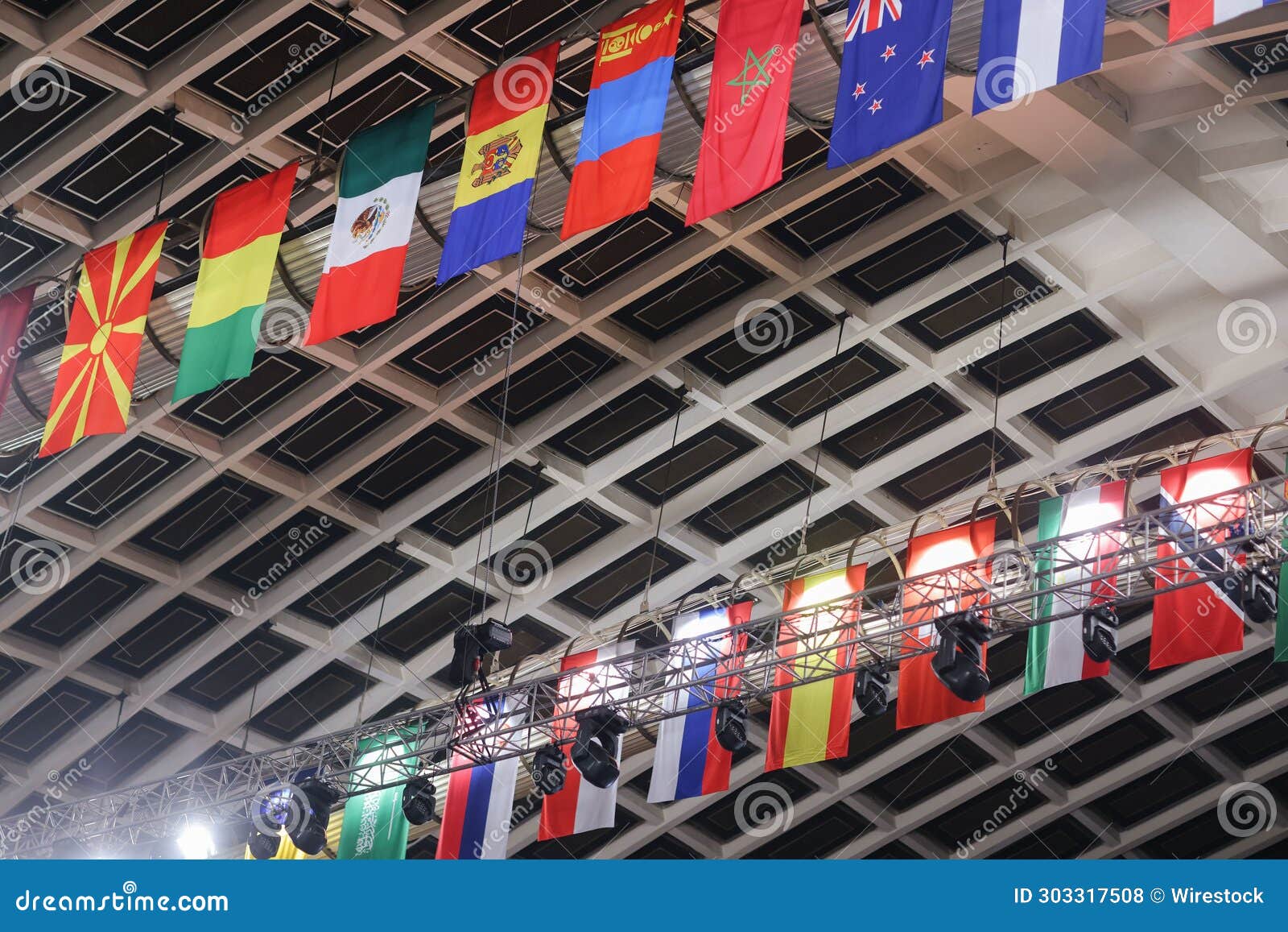 Low Angle of the Stadium Ceiling with Various Flags Stock Photo - Image ...