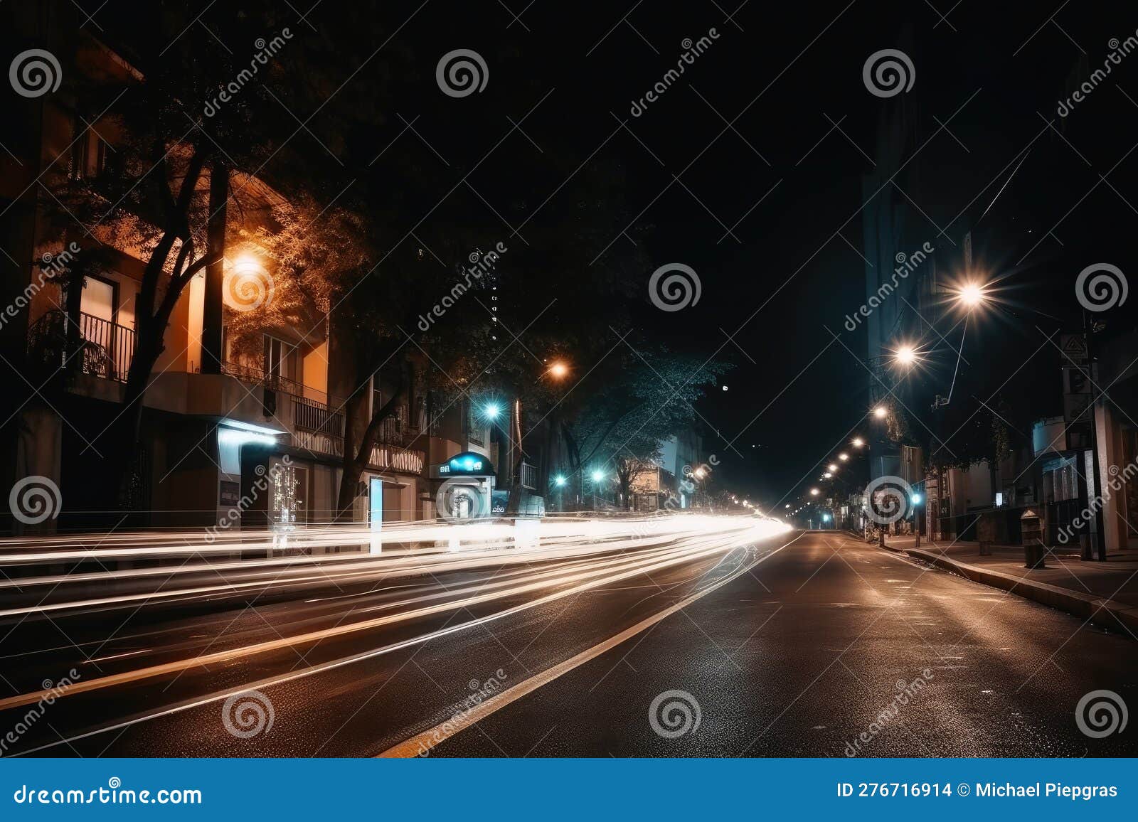 Low Angle Street View at Night with Long Light Trails Long Exposure ...