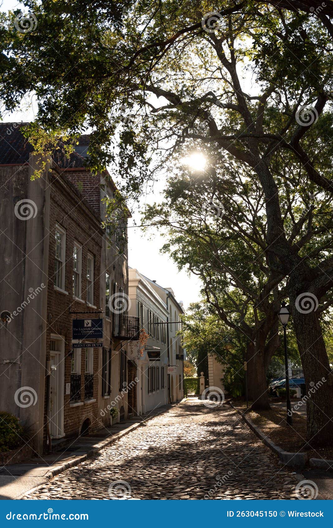 Low-angle of Street View with an Old Building Cobblestone Sunlight ...