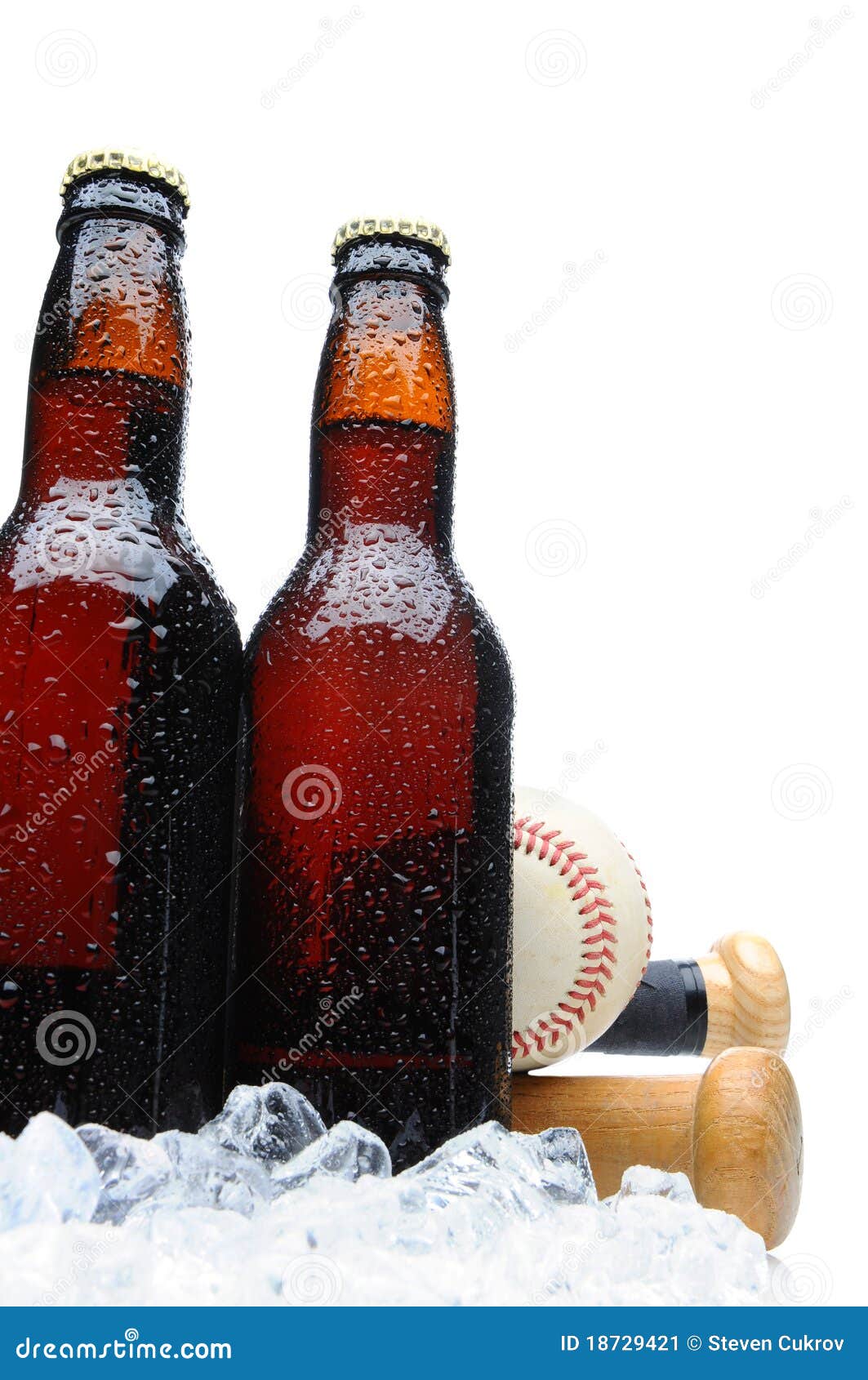 Low Angle Two Beer Bottles with Baseball Stock Image - Image of drops ...