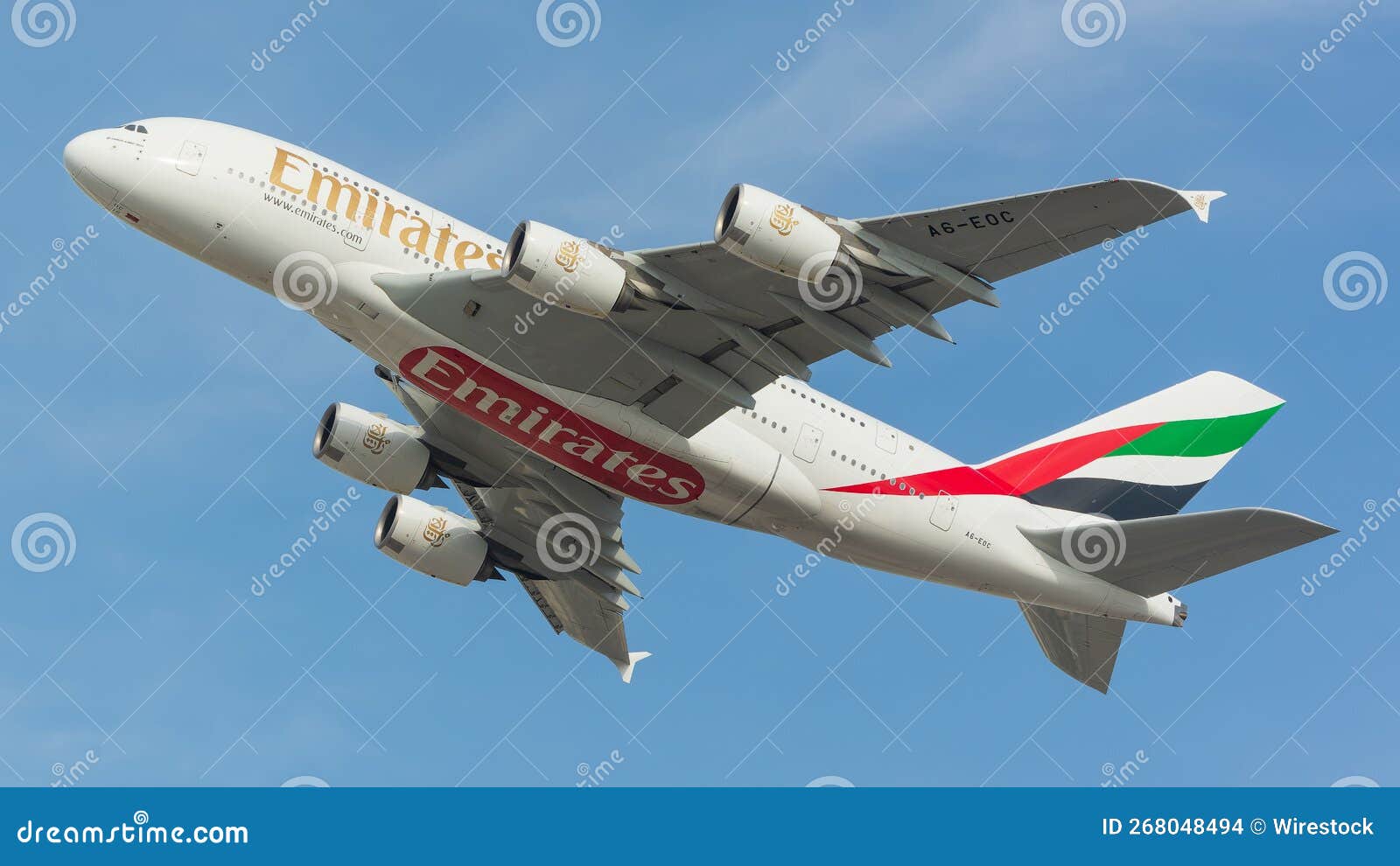 Low Angle View of the Airbus 380 Emirates Airline on a Blue Sky ...